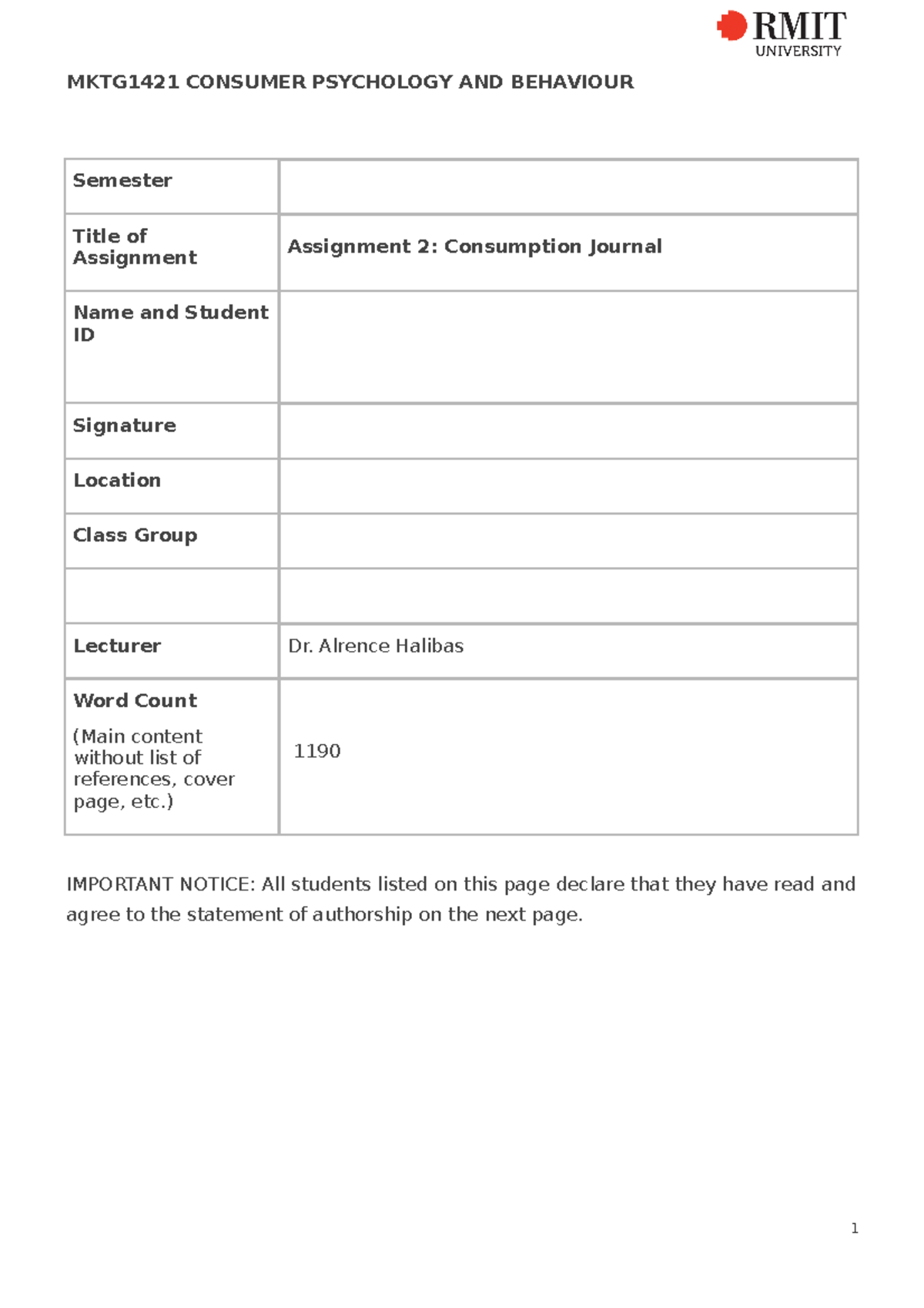 MKTG1421 Assignment 2 - Consumption Journal - MKTG1421 CONSUMER PSYCHOLOGY AND BEHAVIOUR ...