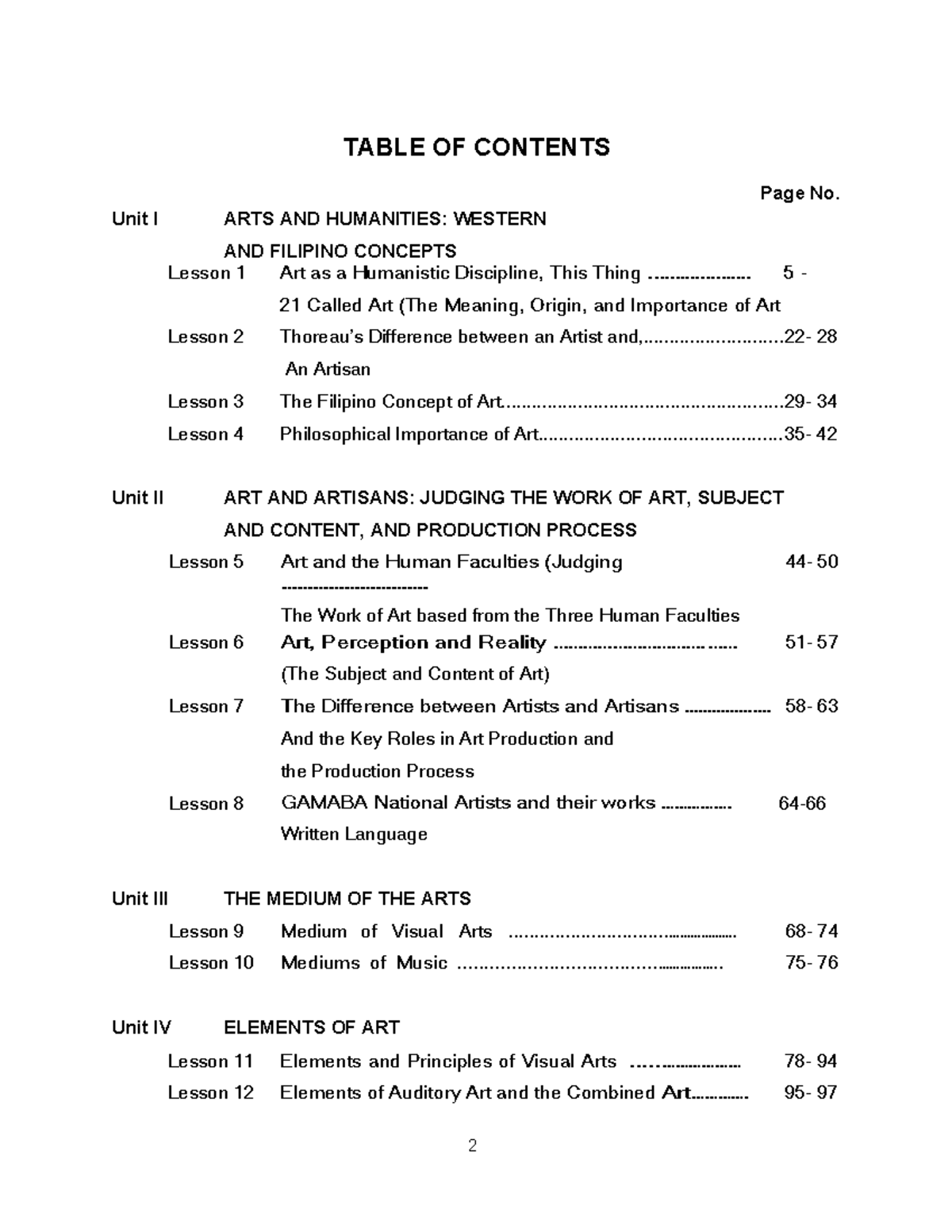 Art Appreciation - TABLE OF CONTENTS Unit I ARTS AND HUMANITIES ...
