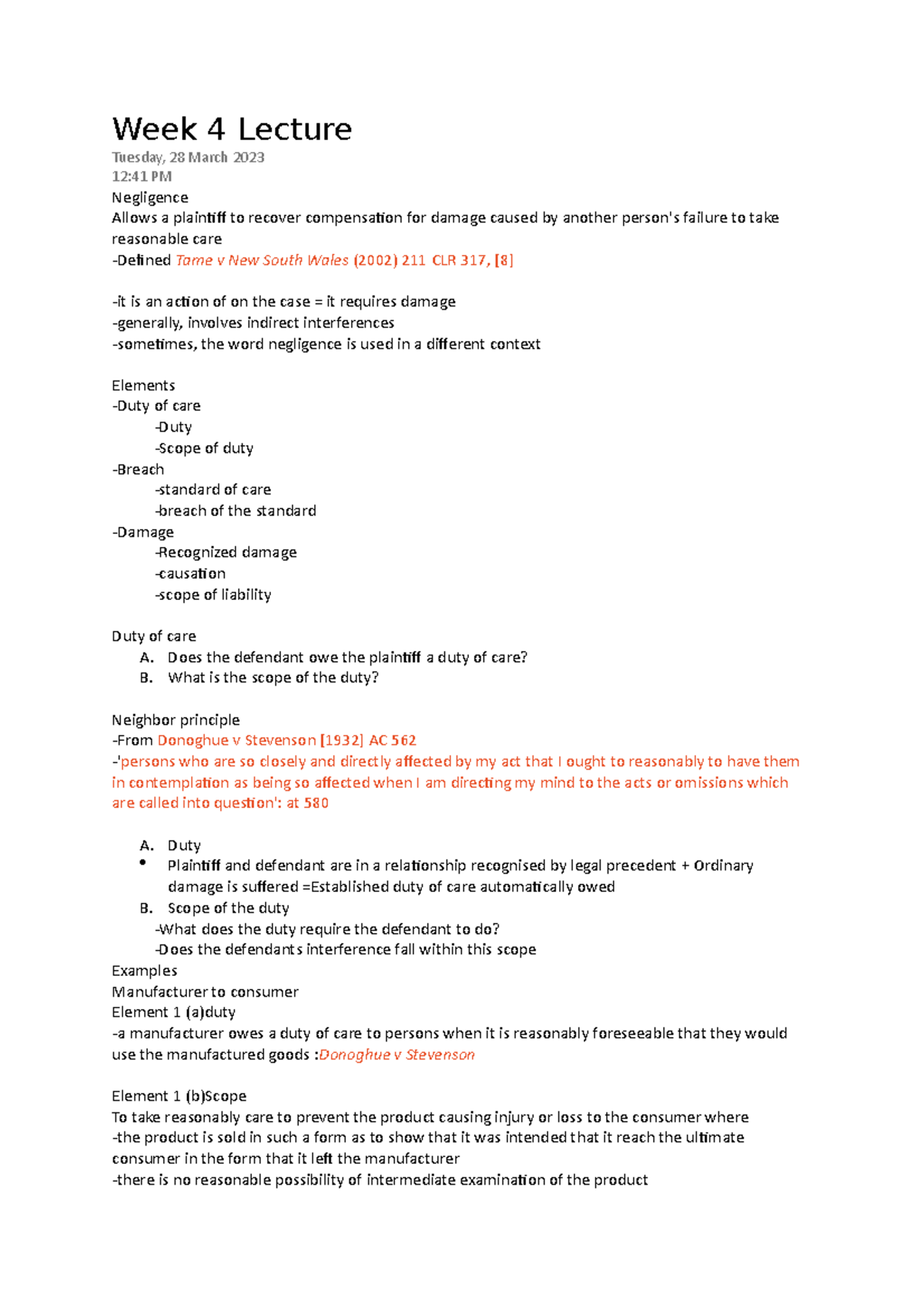 Week 4 Lecture - Torts week 4 notes - LLB102 - QUT - Studocu