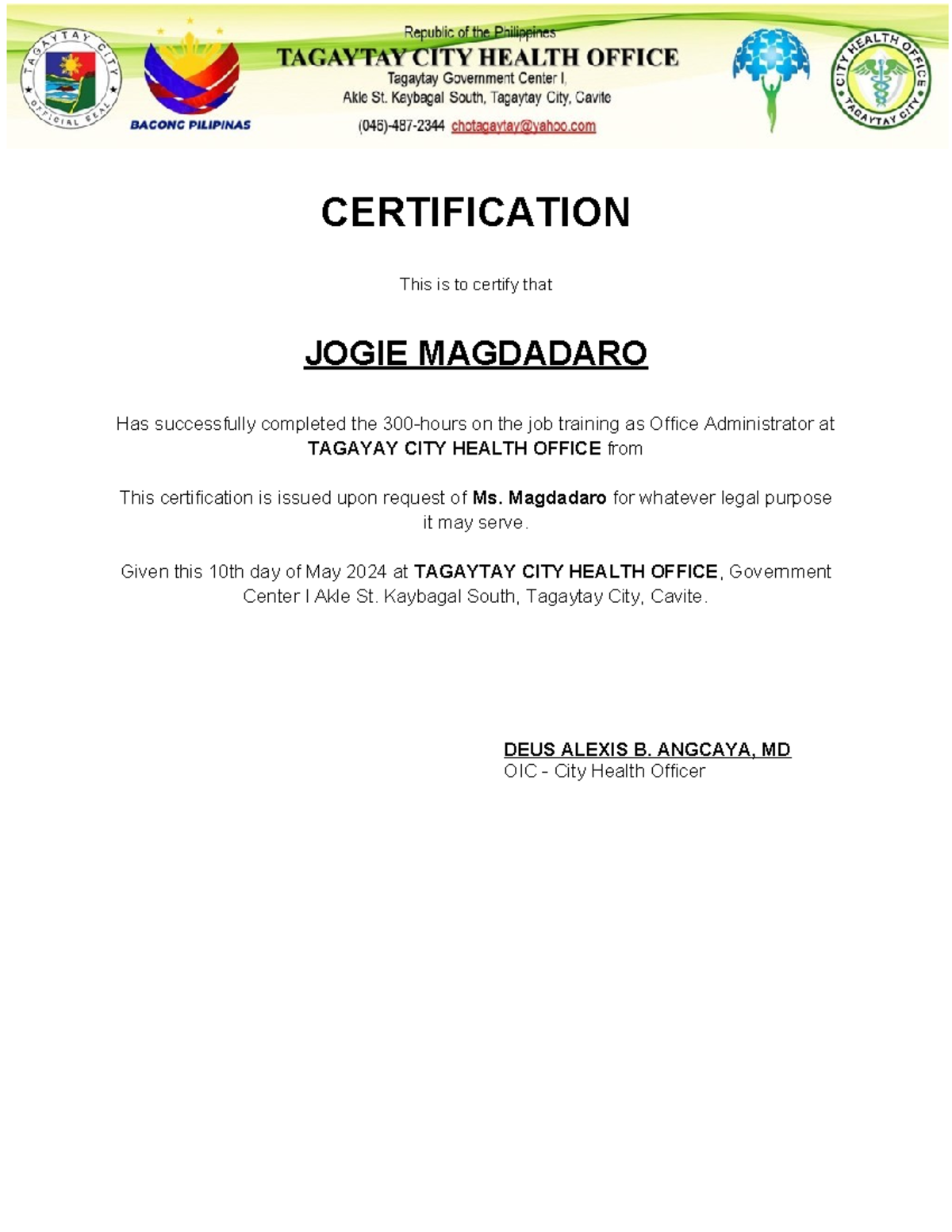Certification - Magdadaro for whatever legal purpose it may serve ...
