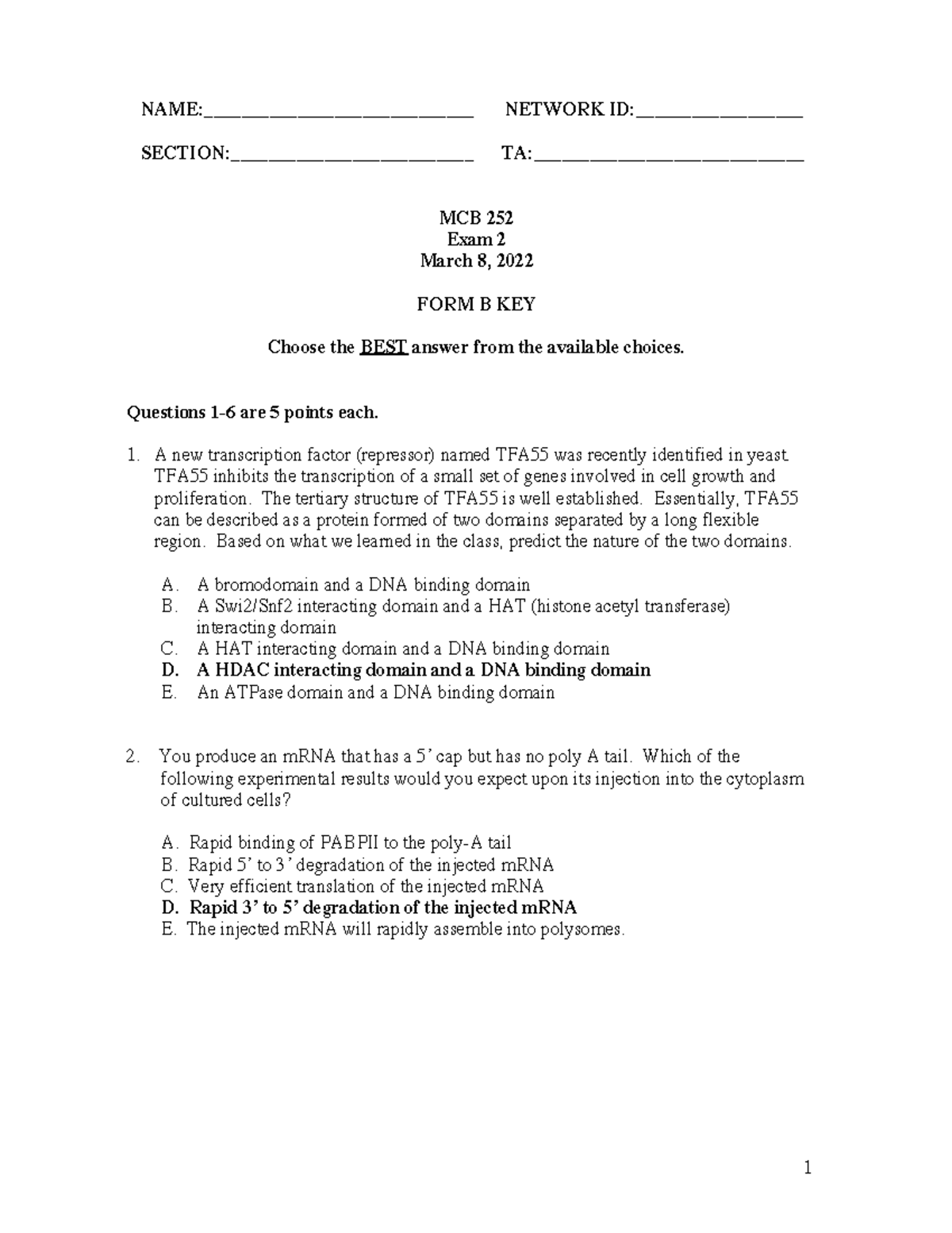 MCB 252 SP22 Exam 2 Form B KEY - NAME ...