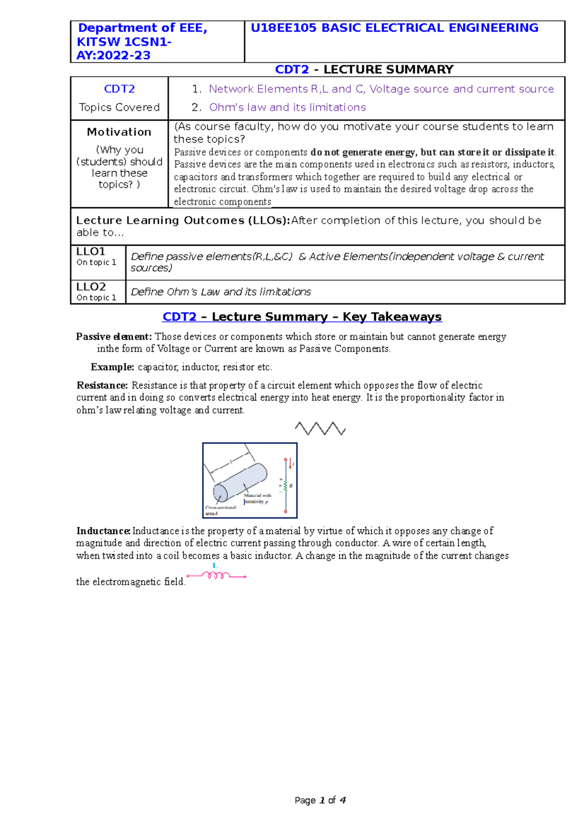 BEE CDT2 Summary - 1.Network Elements R,L and C, Voltage source and current source 2.Ohm’s law ...