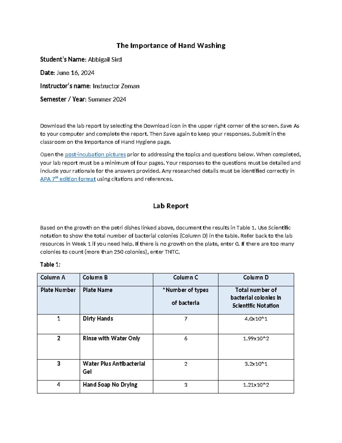 Importance of Handwashing Lab report- assignment for Microbial ...