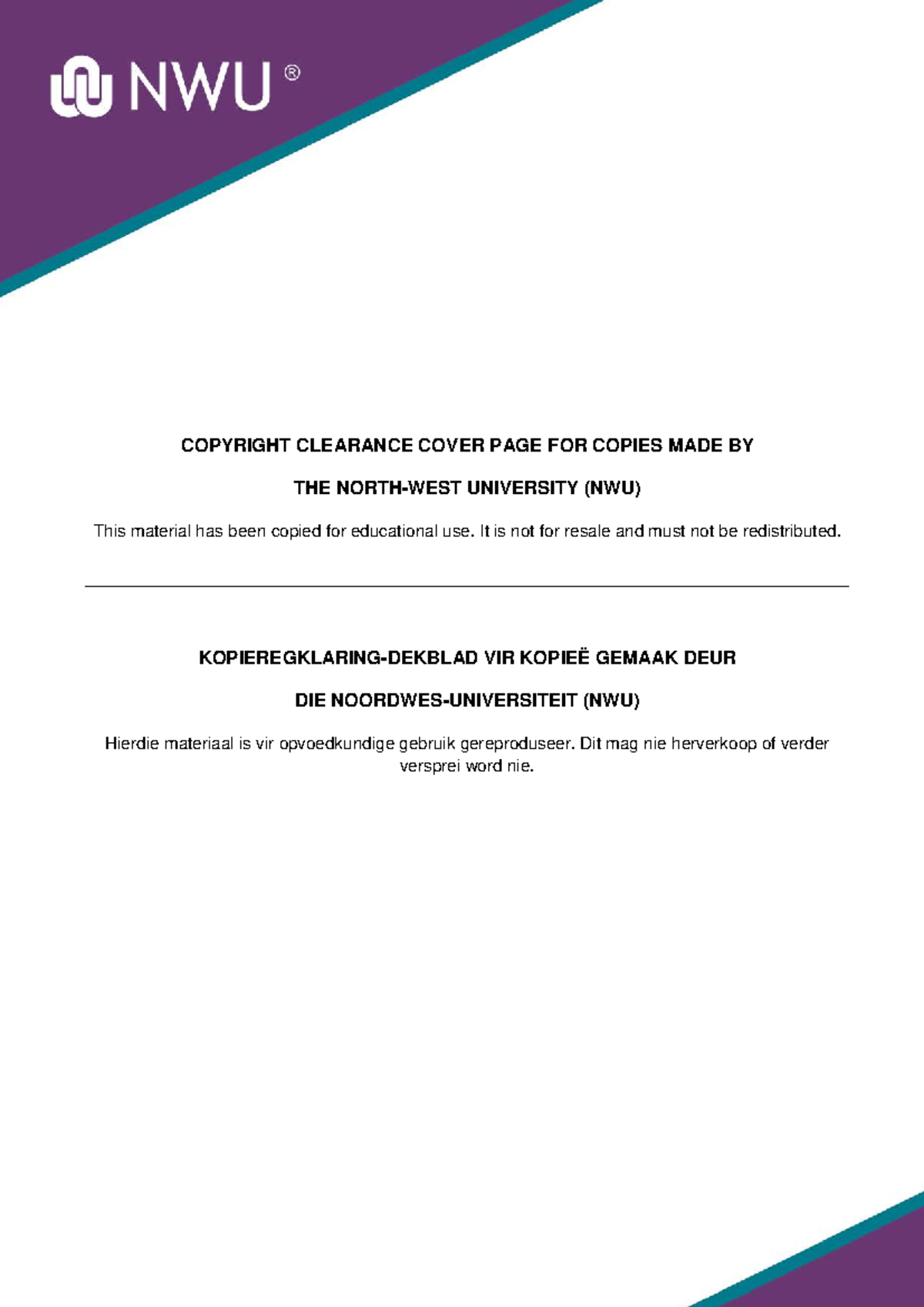 Copyright Clearance Cover Page - ANDM 312 - COPYRIGHT CLEARANCE COVER PAGE FOR COPIES MADE BY ...