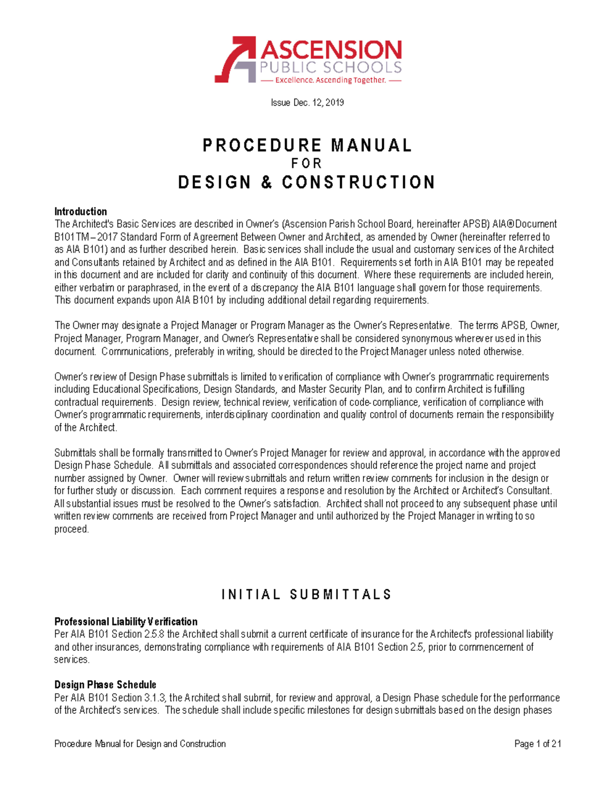 Architectural Procedure Manual - Issue Dec. 12, 2019 Procedure Manual ...