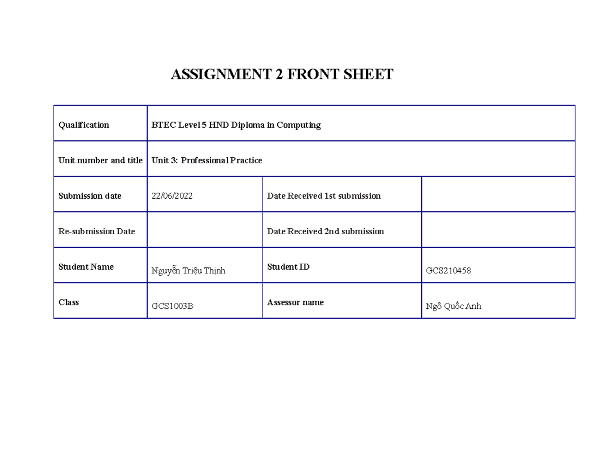 Assignment 2 Front Sheet Assignment 2 Front Sheet Qualification Btec