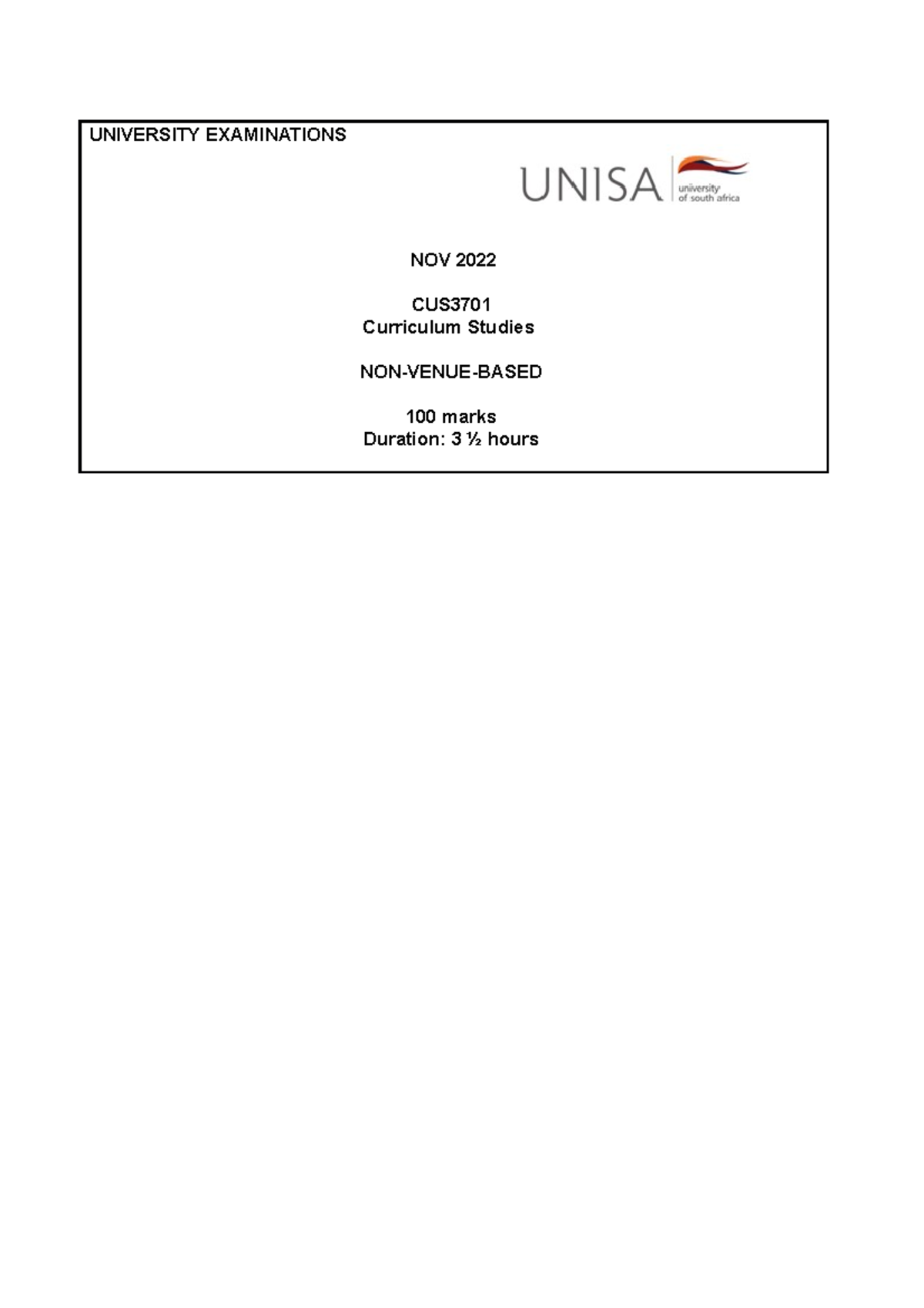 CUS3701 EXAM NOV 2022 - EXAM - UNIVERSITY EXAMINATIONS NOV 2022 CUS ...
