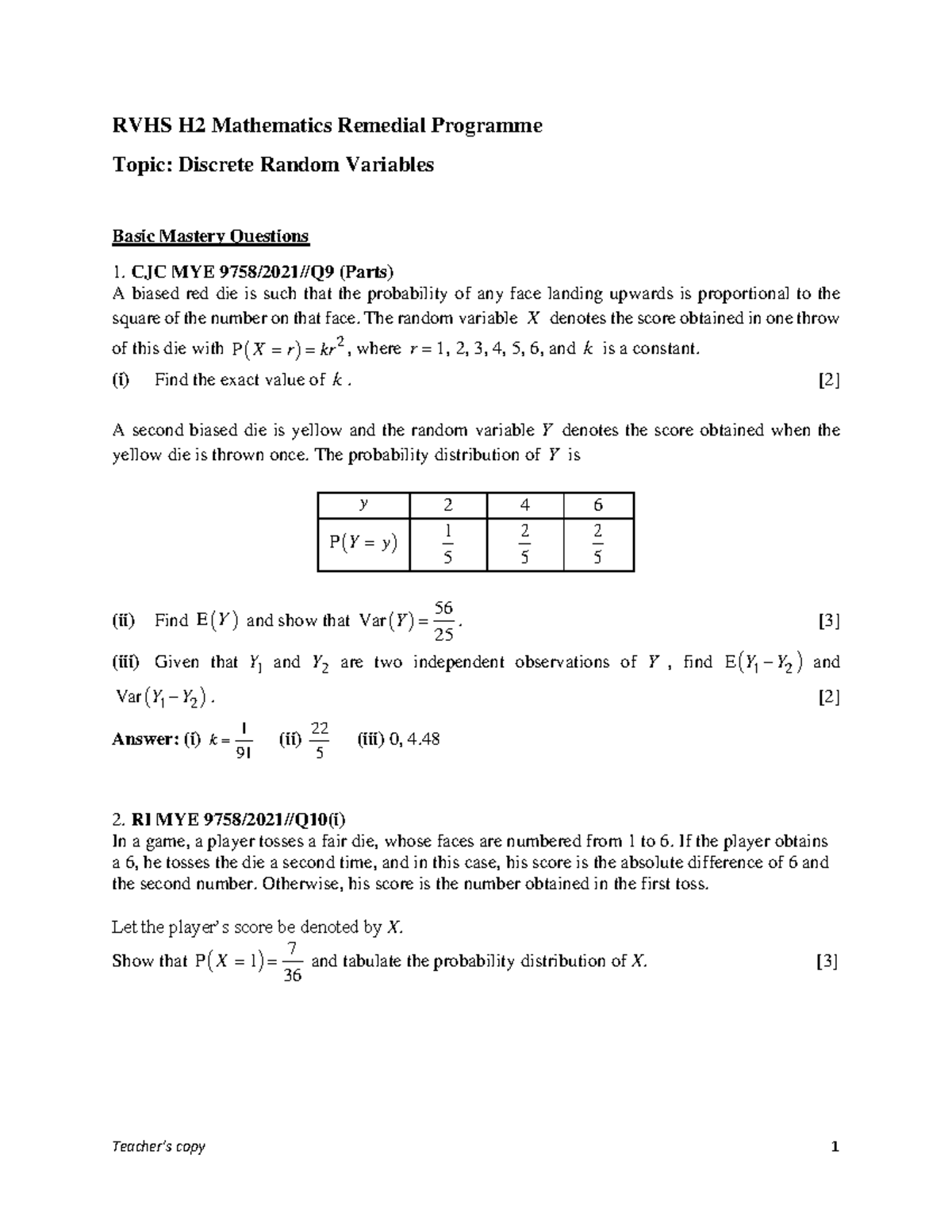 H2MA Remedial DRV (RVHS) - Teacher’s copy 1 RVHS H2 Mathematics ...