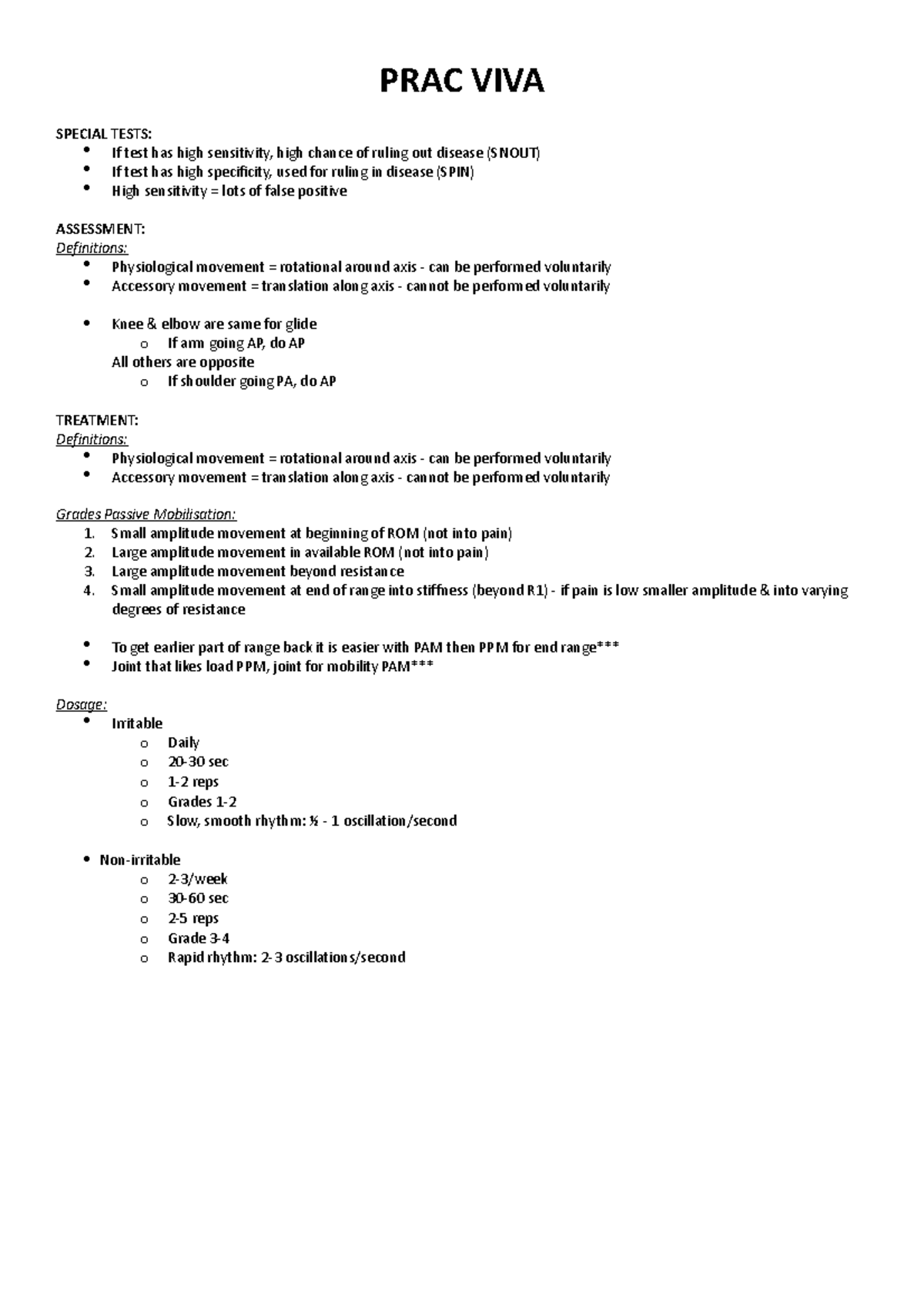 PRAC VIVA Notes - PRAC VIVA SPECIAL TESTS: If test has high sensi琀椀vity ...