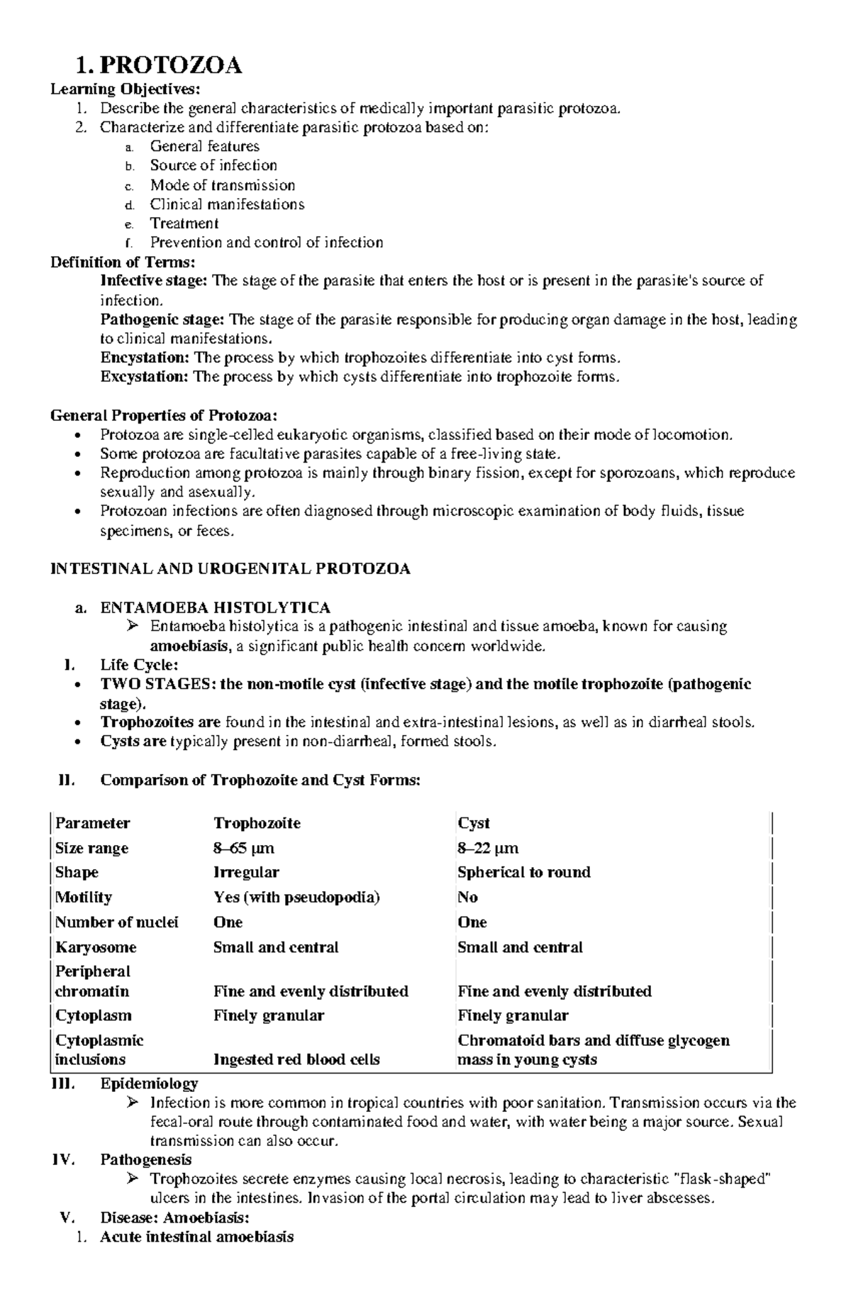 Parasitology hand out 2 - 1. PROTOZOA Learning Objectives: 1. Describe ...