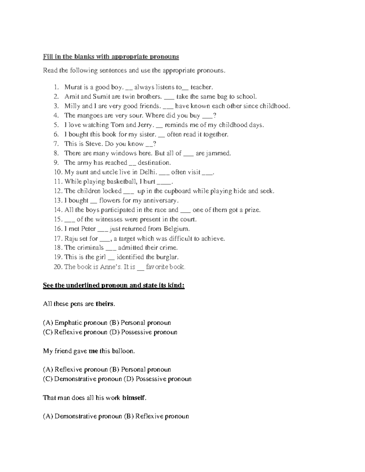 Exercise of Parts of Speech - Fill in the blanks with appropriate ...