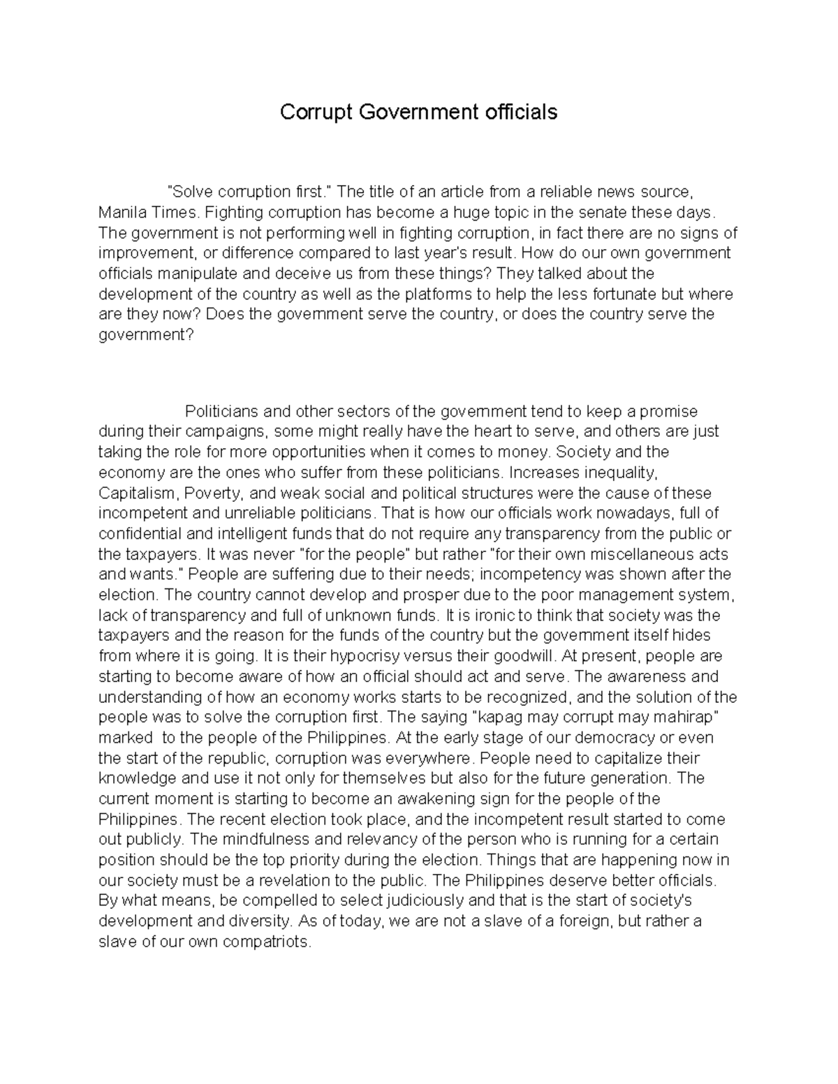 Assignment NO.1 - Corrupt Government officials “Solve corruption first ...