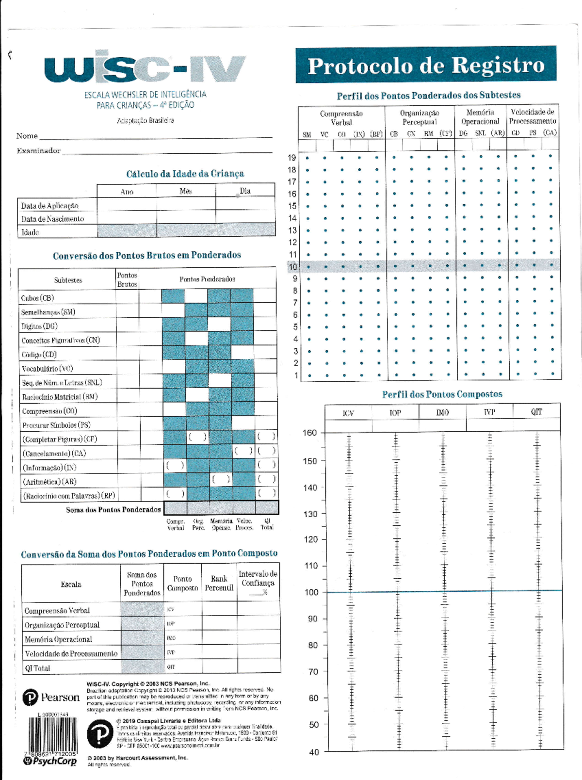 Wisc IV Protocolo de Registro - ESCALA WECHSLER DE INTELIGÊNCIA PARA ...