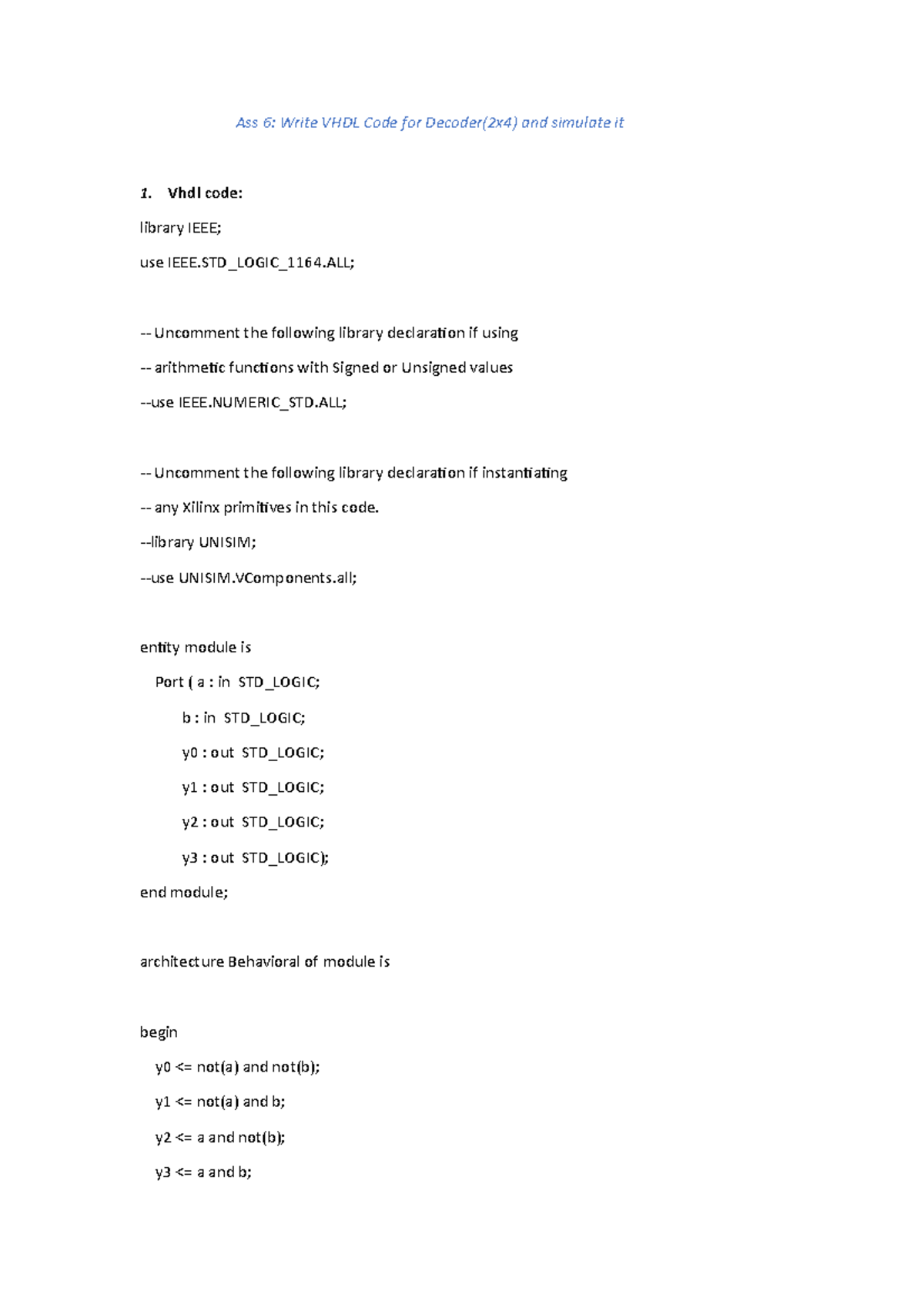 COA 6 - ....... - Ass 6: Write VHDL Code for Decoder(2x4) and simulate ...