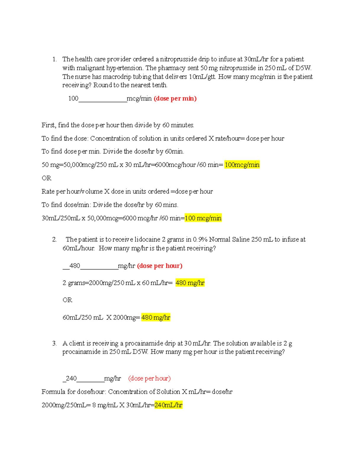 Math 2 - Med surg II critical care dosage calculations practice ...