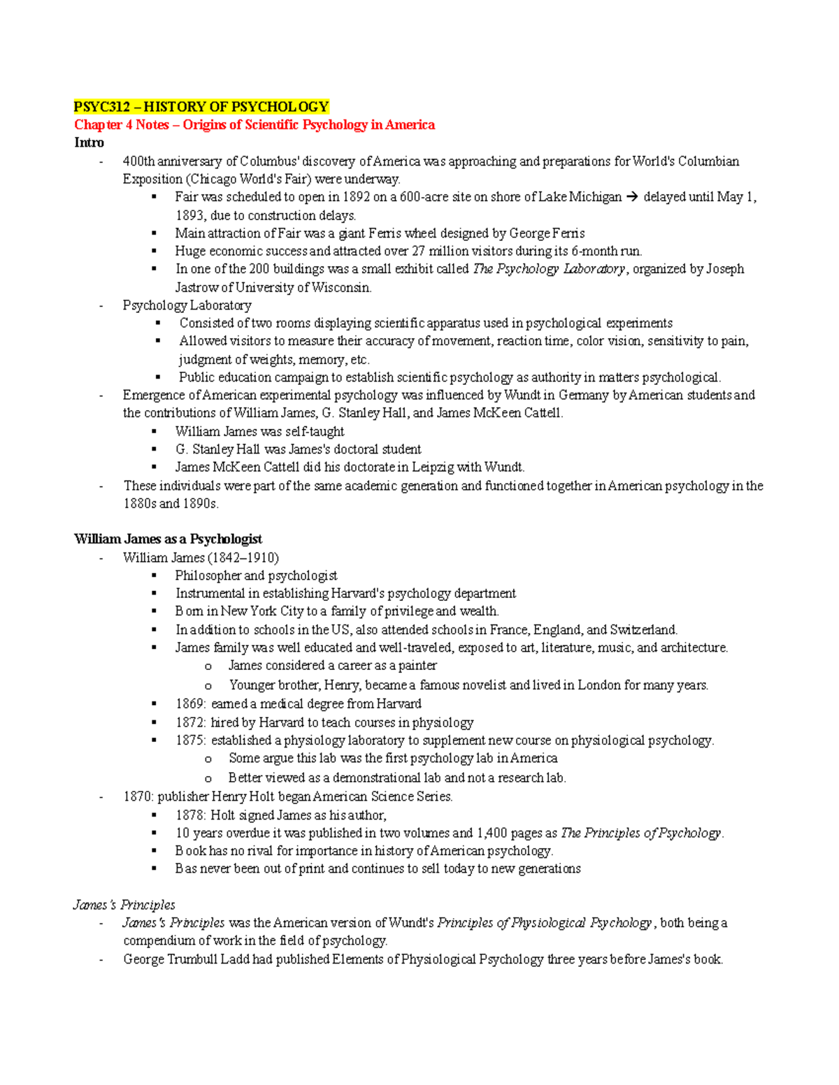 Chapter 4 origins of psychology in america - PSYC312 – HISTORY OF ...