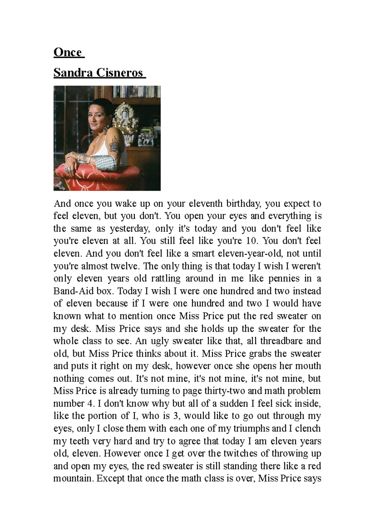 Once de Sandra Cisneros - Once Sandra Cisneros And once you wake up on ...