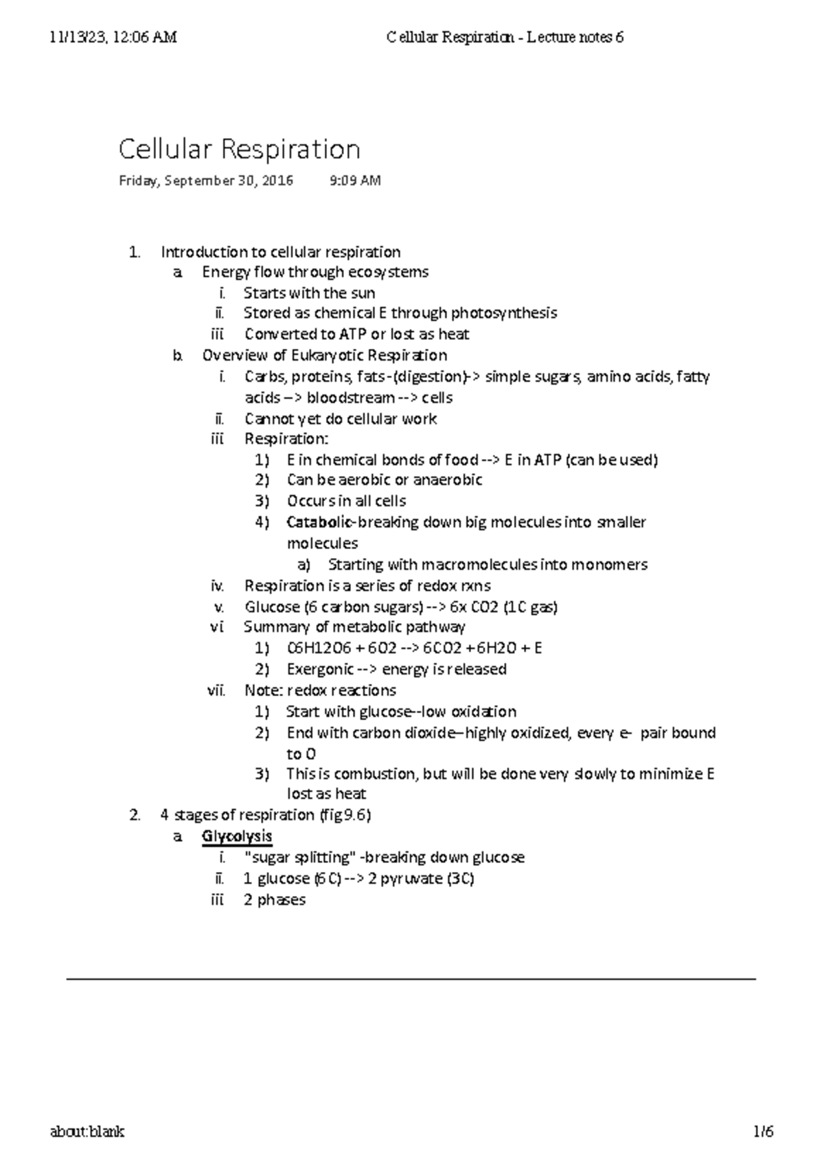 Cellular Respiration - Lecture notes 6 - Introduction to cellular ...