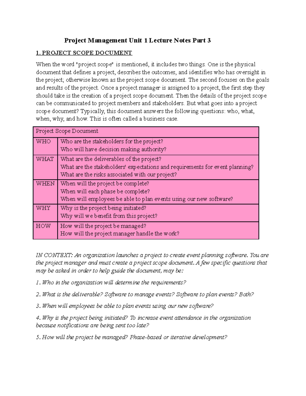 Project Management Unit 1 Lecture Notes Part 3 - PROJECT SCOPE DOCUMENT ...