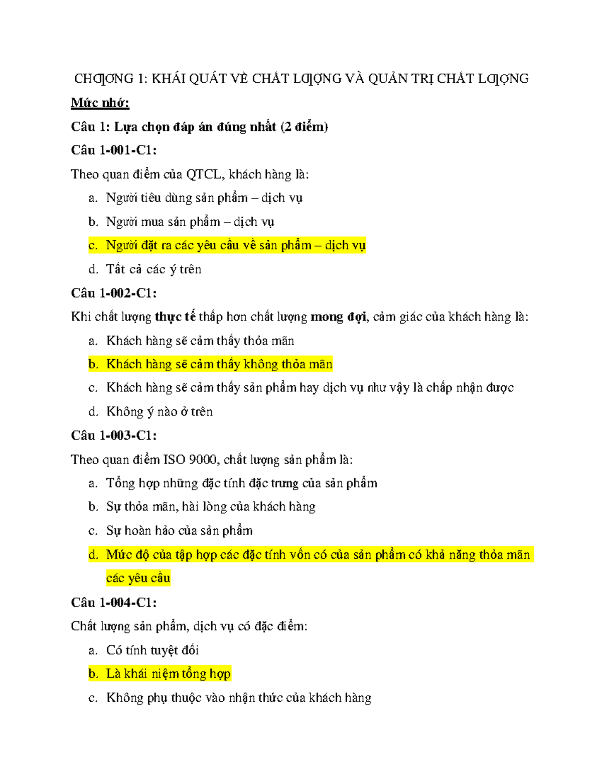 BT CH QTCL D19 - dzjzfatrjrt - CH£¡NG 1: KHÁI QUÁT VÂ CHÂT L£ĀNG VÀ QUÀN TRà CHÂT L£ĀNG Mức nhớ ...