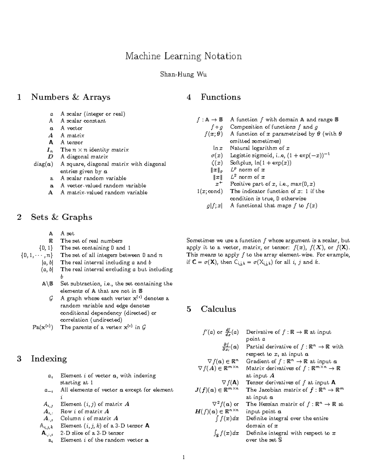 Notation - Machine Learning Notation Shan-Hung Wu 1 Numbers & Arrays a ...