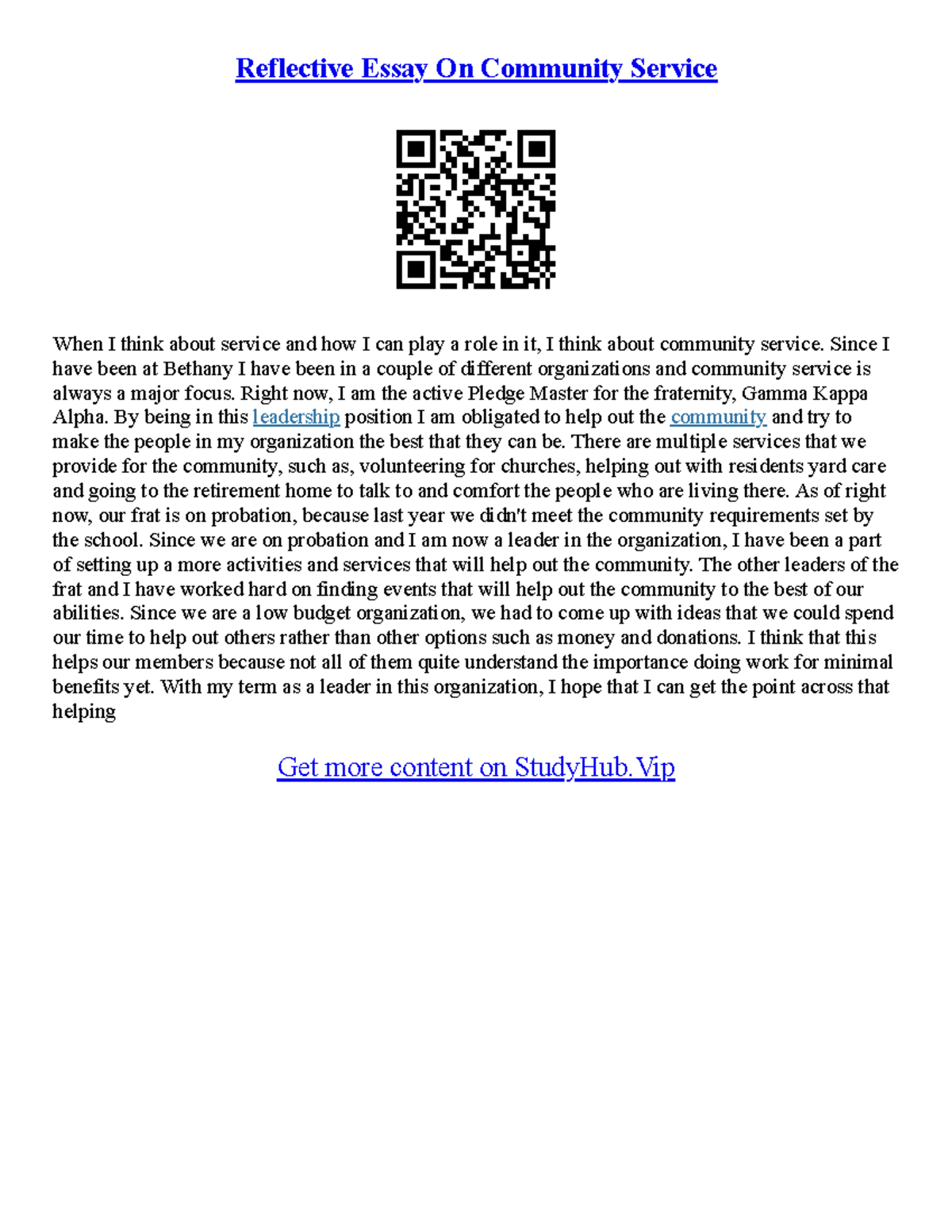 Community Service Reflection Essay - Reflective Essay On Community ...