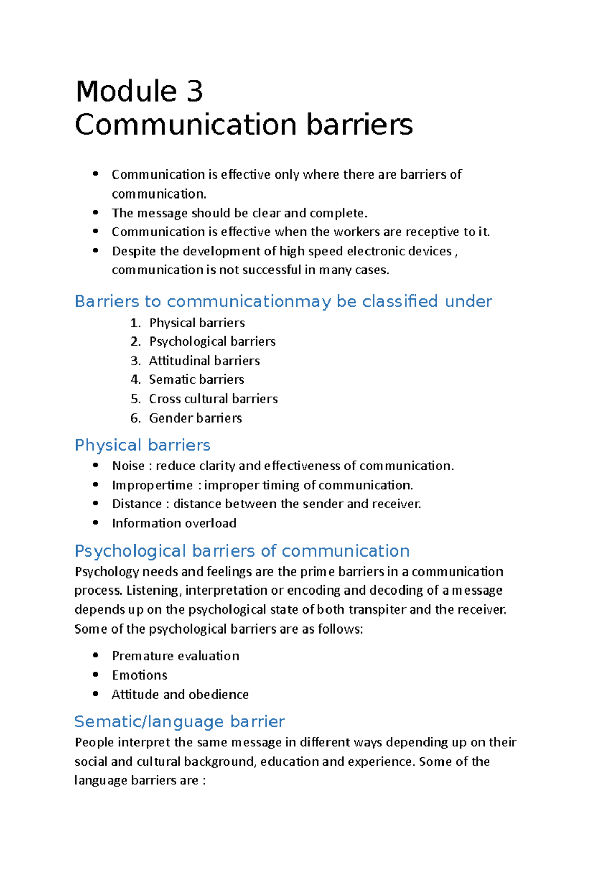 Module 3 - Easy - Module 3 Communication barriers Communication is ...
