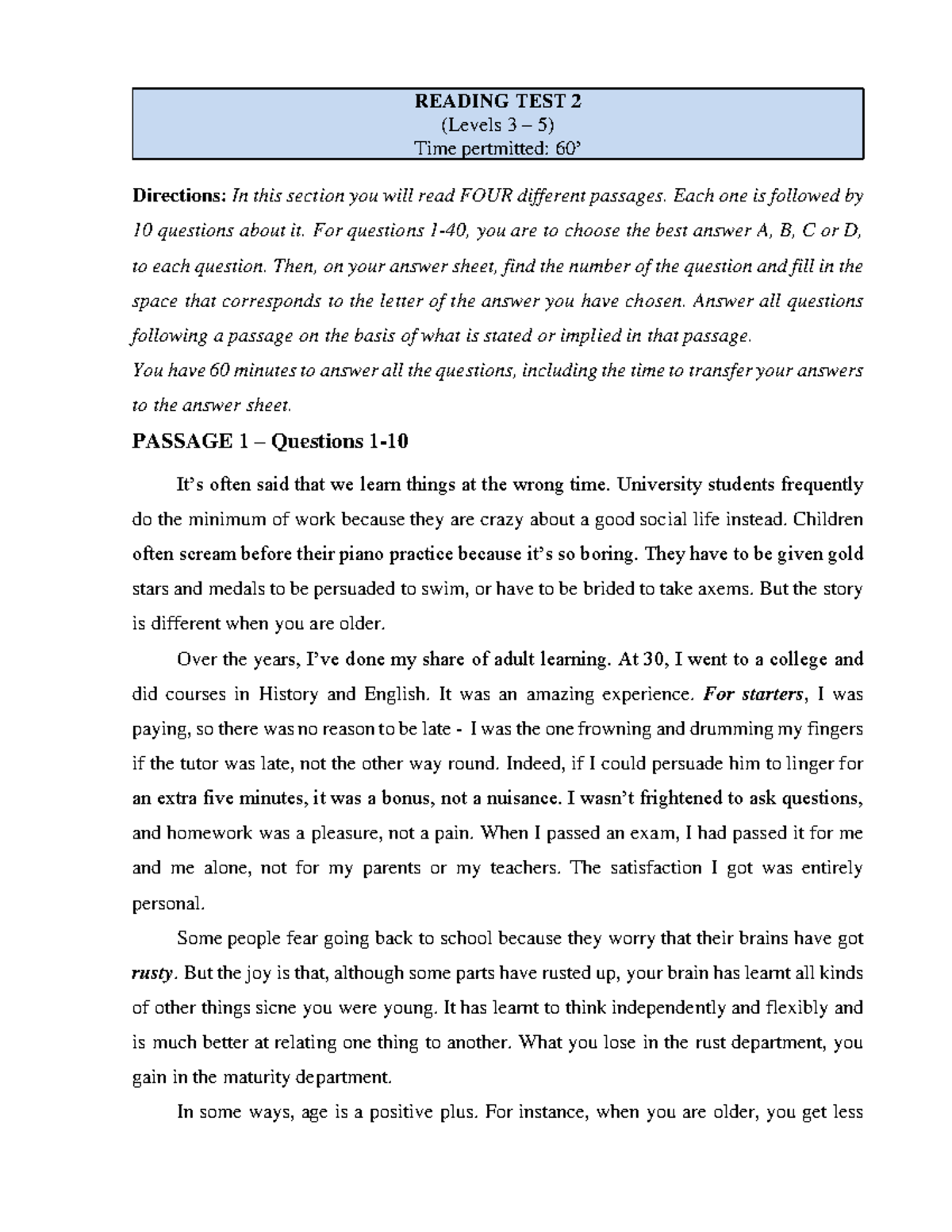 Reading 1 Practice TEST 1 - READING TEST 2 (Levels 3 – 5) Time ...