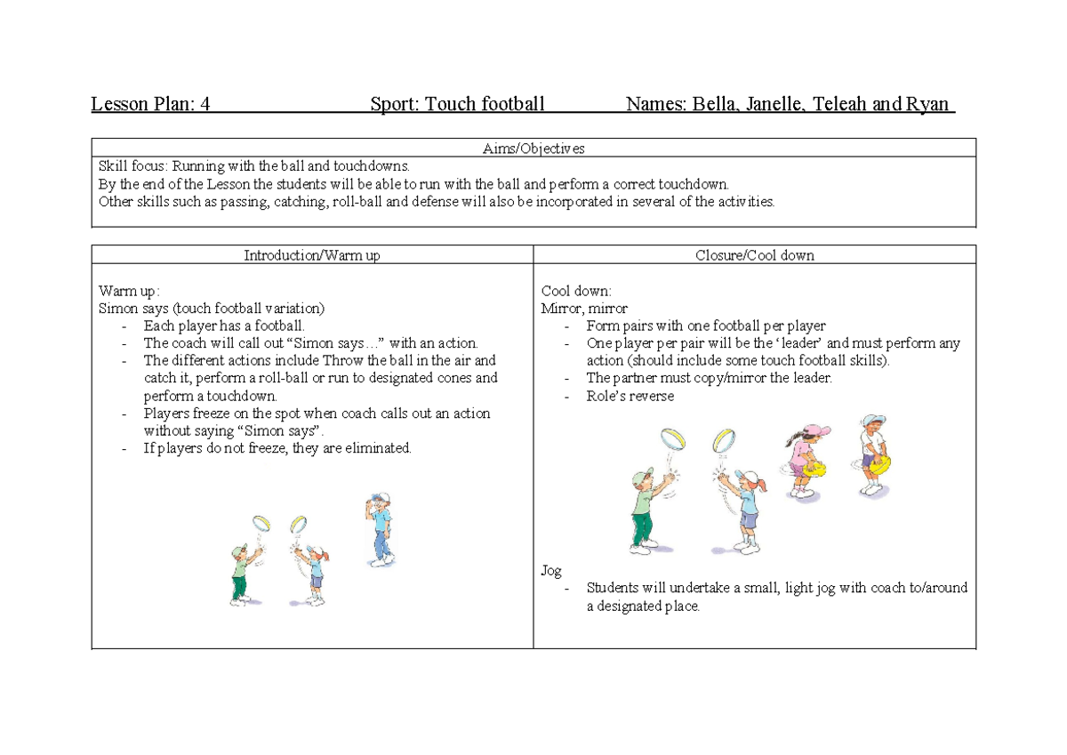 Lesson Plan 4 - Lesson Plan: 4 Sport: Touch football Names: Bella ...