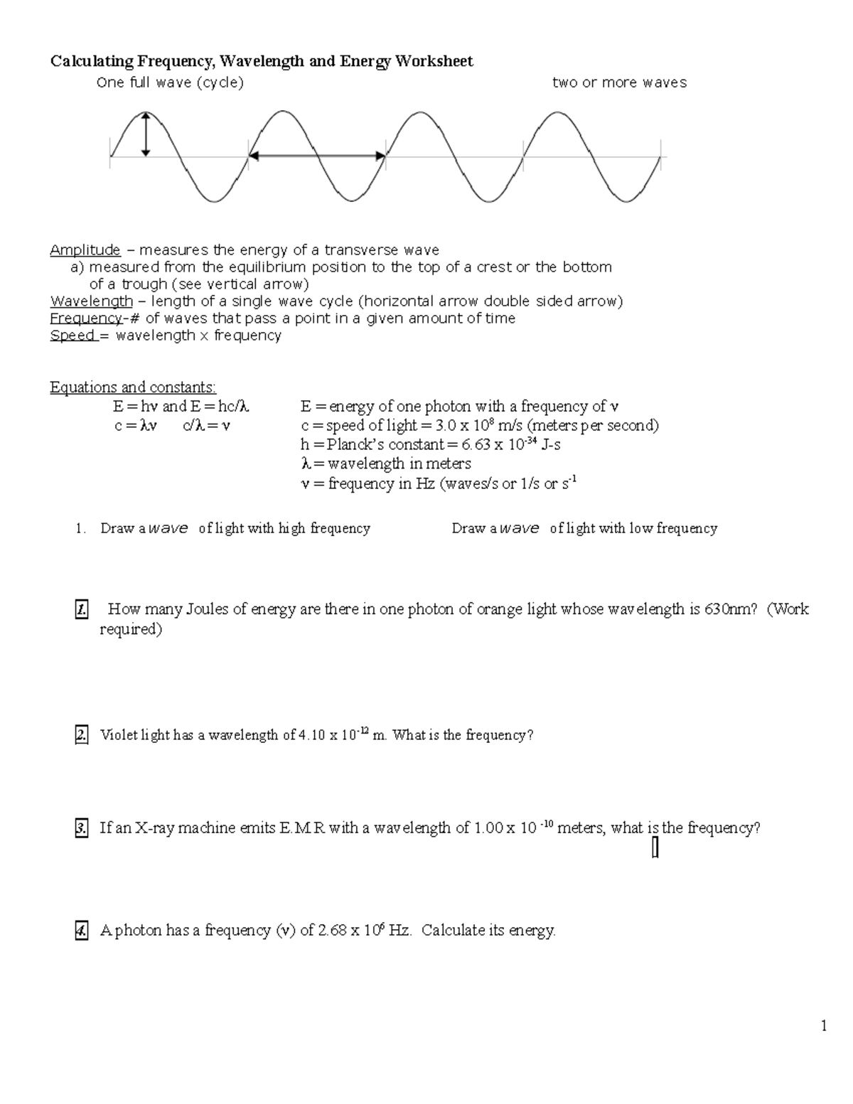 Student Wavelength Frequency Worksheet Calculating Frequency