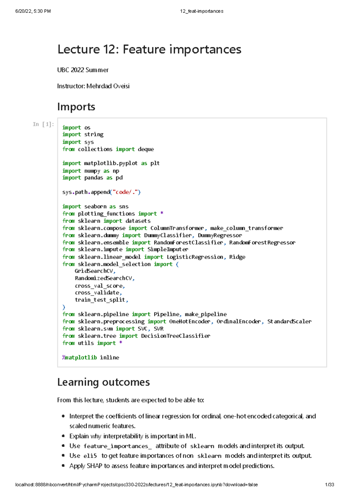 12 feat-importances - Feature importance - Lecture 12: Feature importances UBC 2022 Summer - Studocu