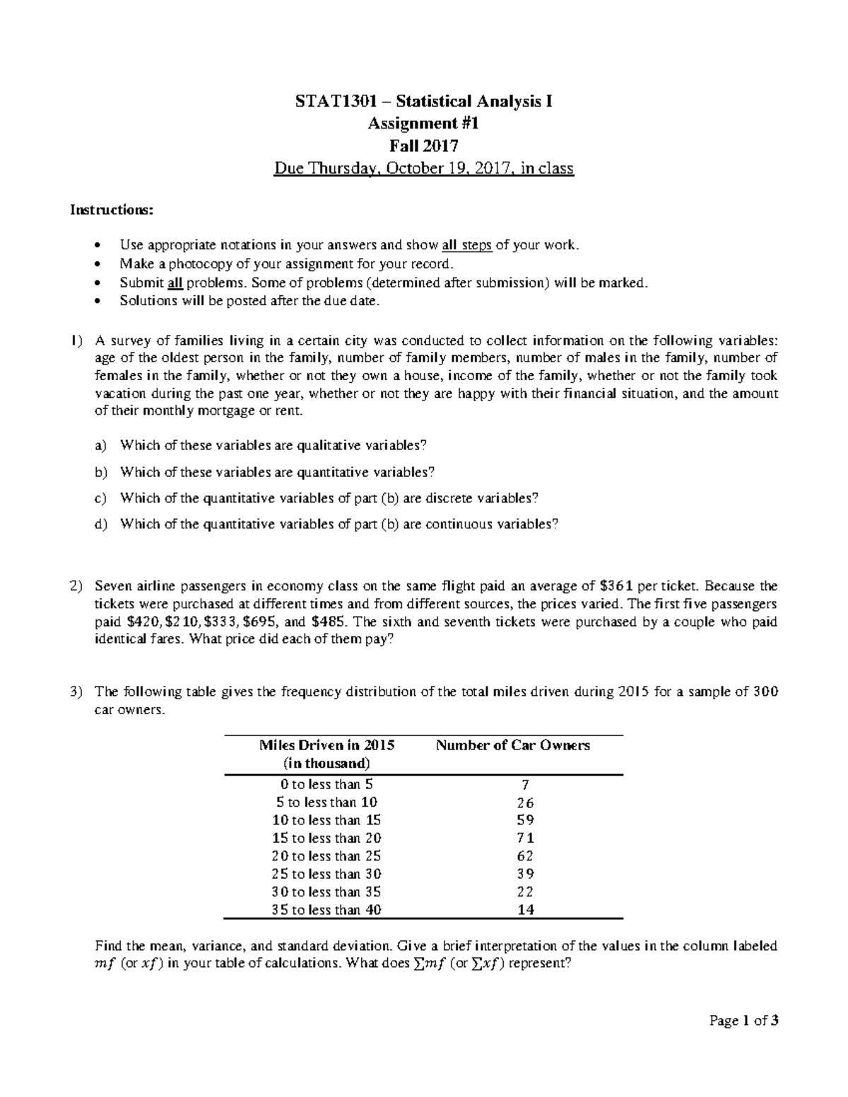 STAT1301 Assignment 1 2017 fall - STAT1301 – Statistical Analysis I ...