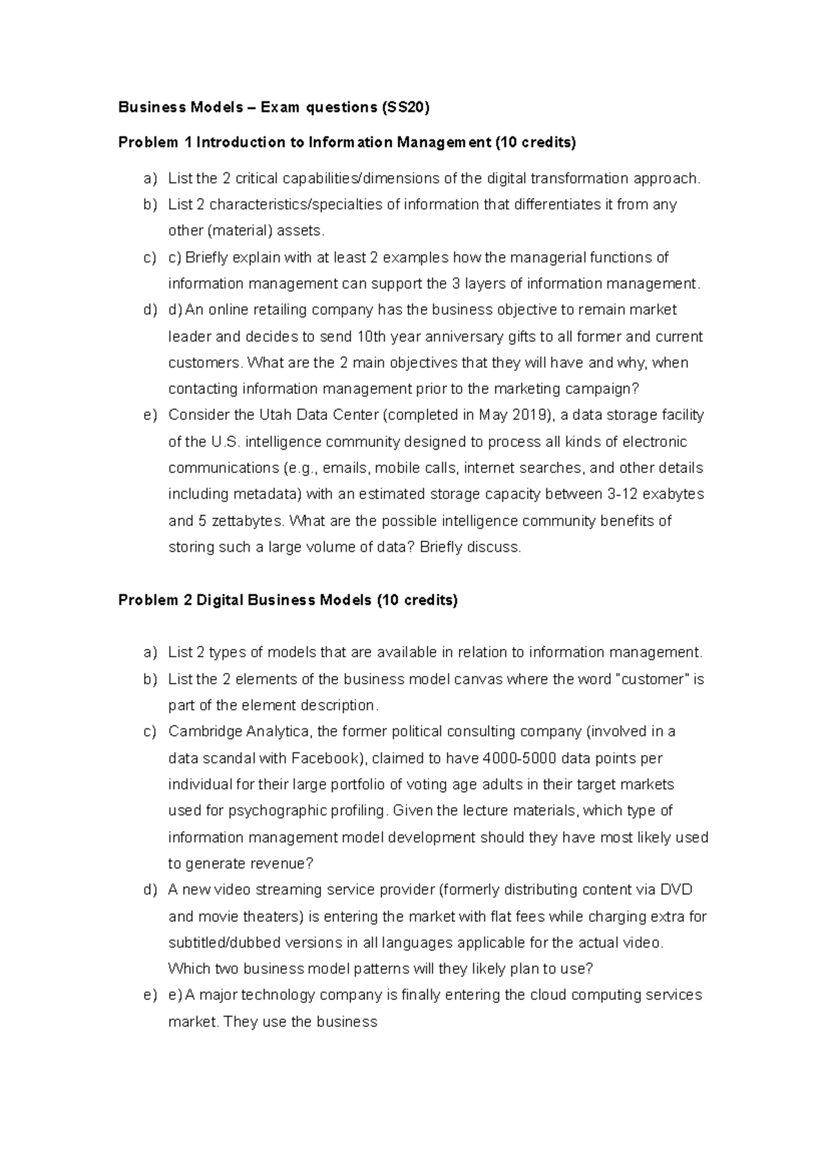 Business Models_Exam Questions_SS20 (Part 1) - Business Models – Exam ...