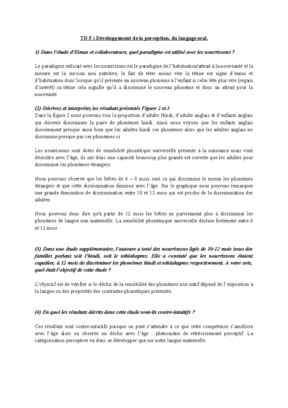 Psycho du dev TD 5 et 6 - S3 td - TD 5 ) Développement de la perception ...