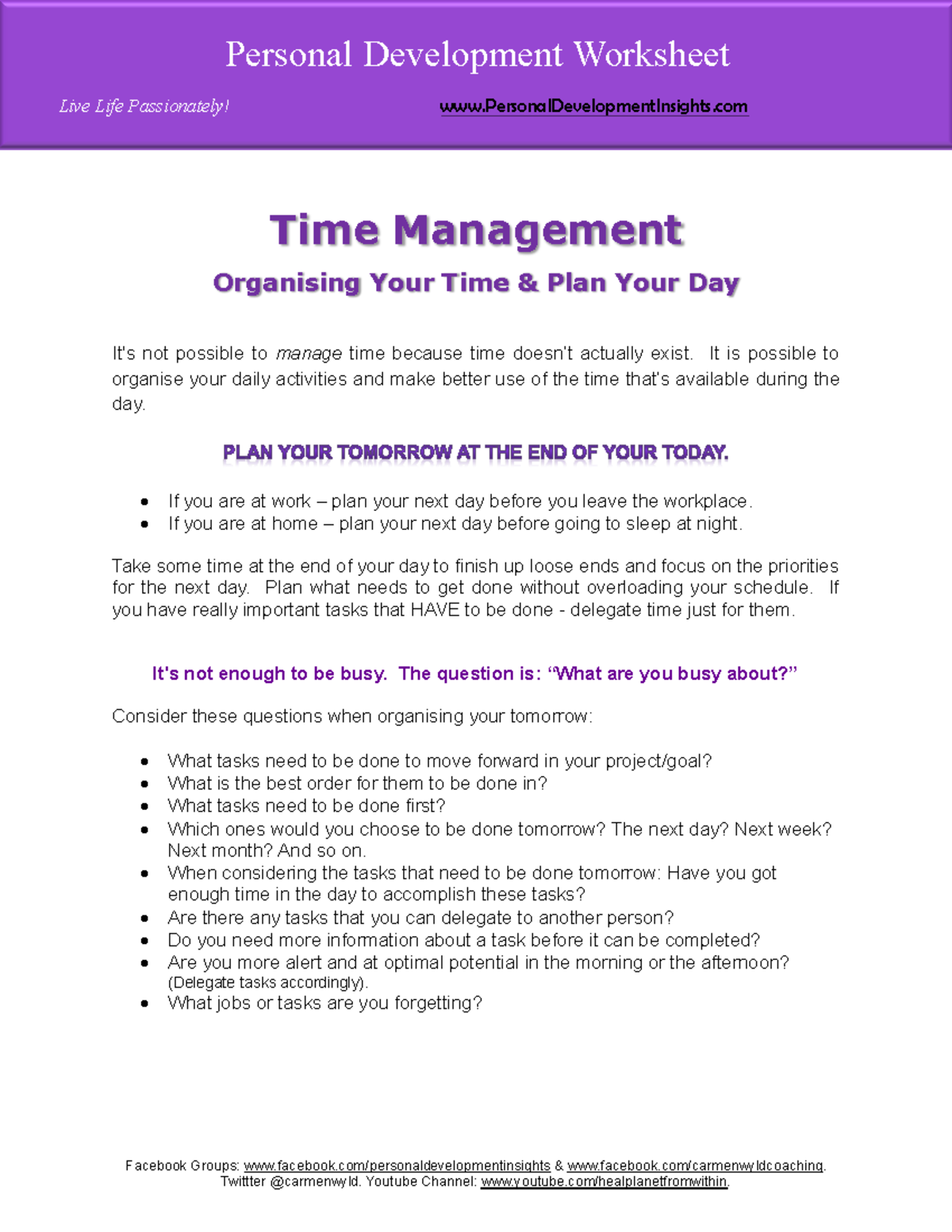 Personal Development Worksheet-Time Management-Carmen Wyld PDI ...