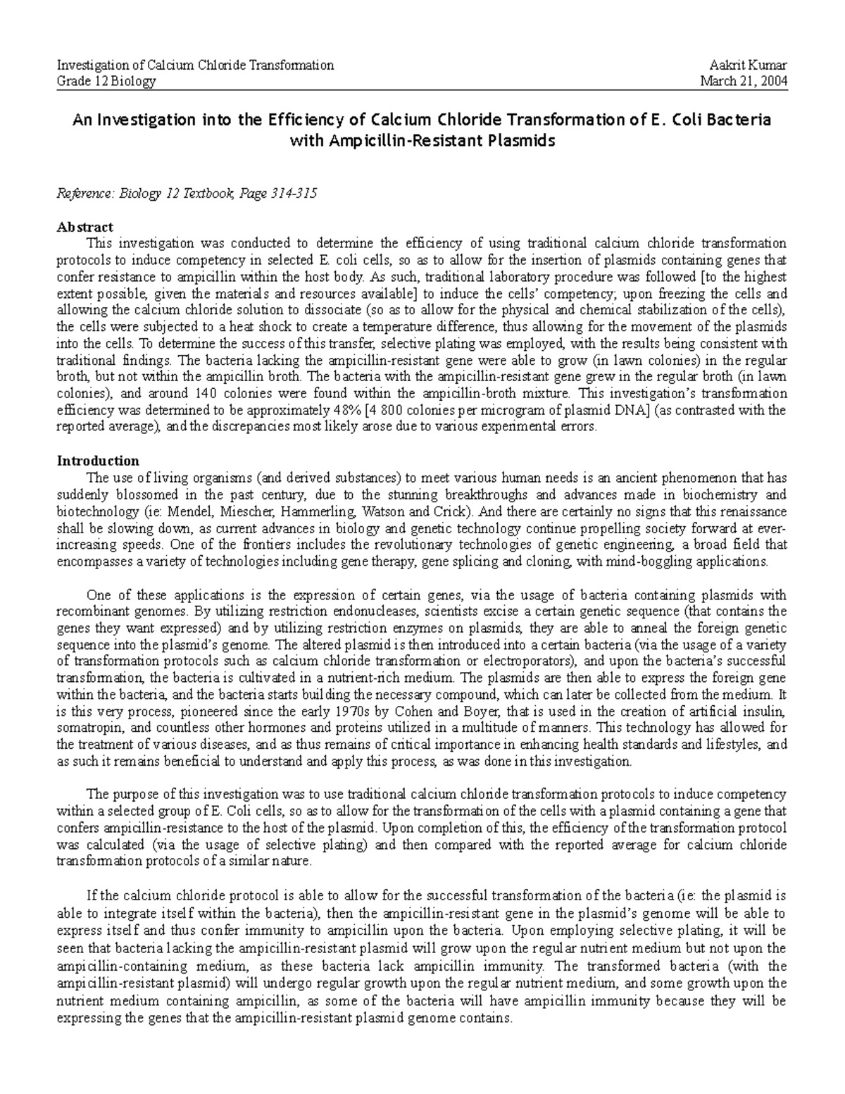 Biology Lab 6-1-2 - lab - Investigation of Calcium Chloride ...