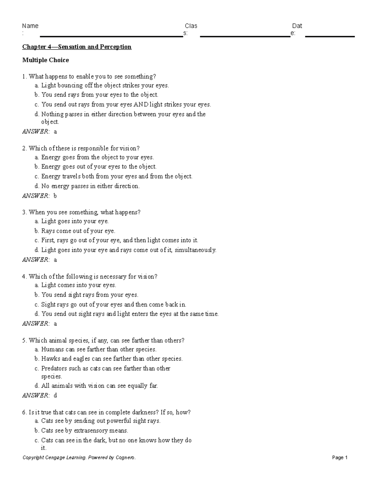 Chapter 4 Sensation and Perception - Chapter 4—Sensation and Perception Multiple Choice What ...