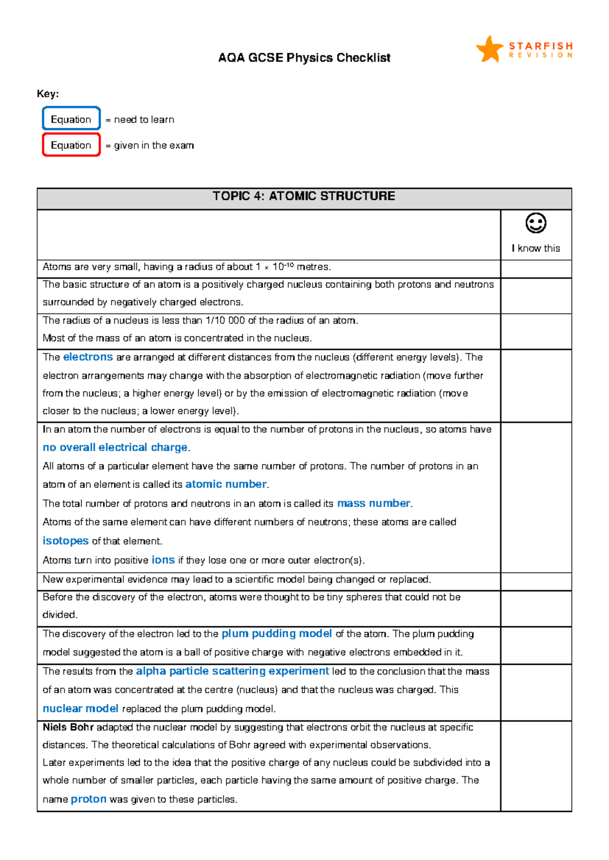 4 Atomic Structure Checklist - AQA GCSE Physics Checklist Key: Equation ...