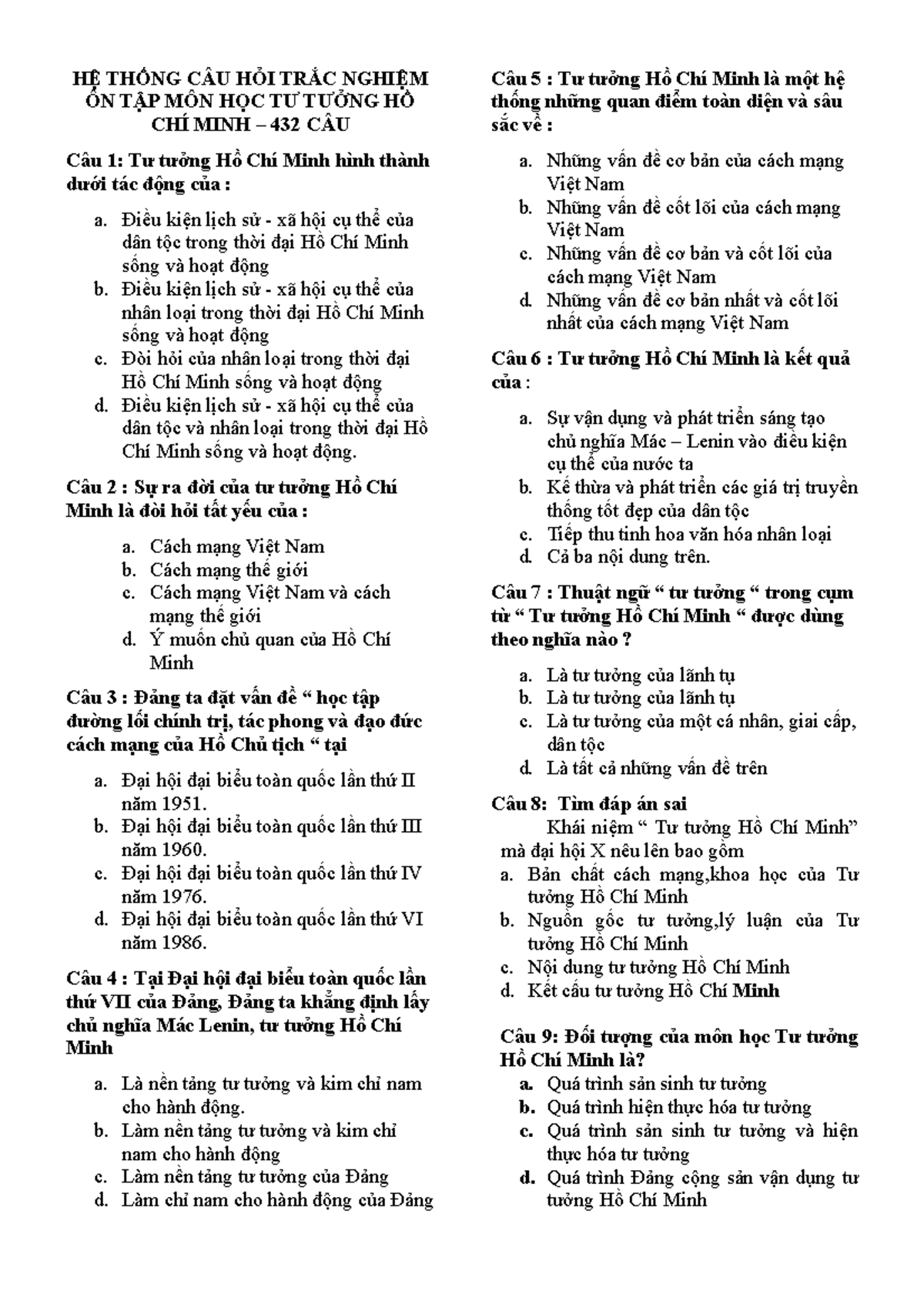 HỆ THỐNG 432 CÂU HỎI TRẮC NGHIỆM MÔN Tthcm - HỆ THỐNG CÂU HỎI TRẮC ...