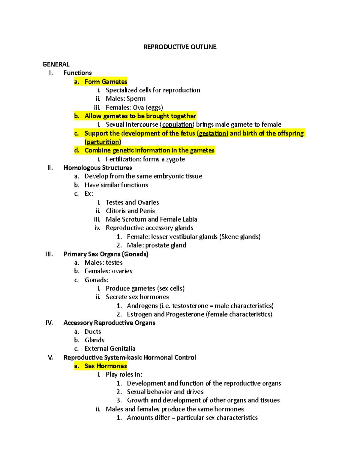Reproductive Outline - Based on notes from class Dr. Louis Polizzi ...