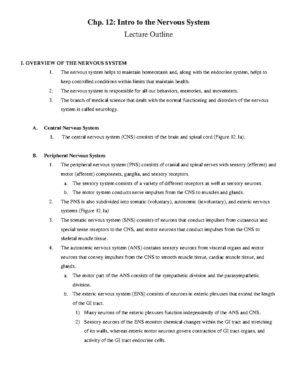Chp 12 Intro to the Nervous System lecture outline - Chp. 12: Intro to the Nervous System ...