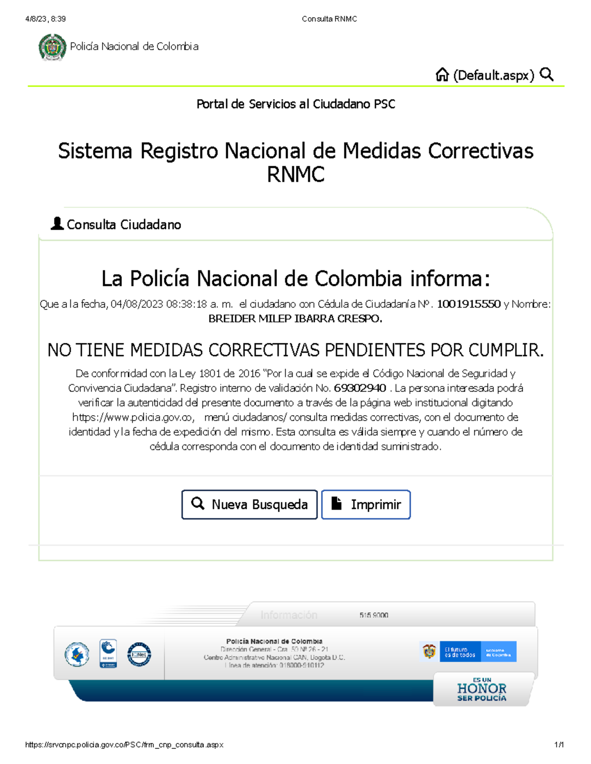 4 Certificado de Medidas Correctivas de la Policía Nacional de Colombia ...