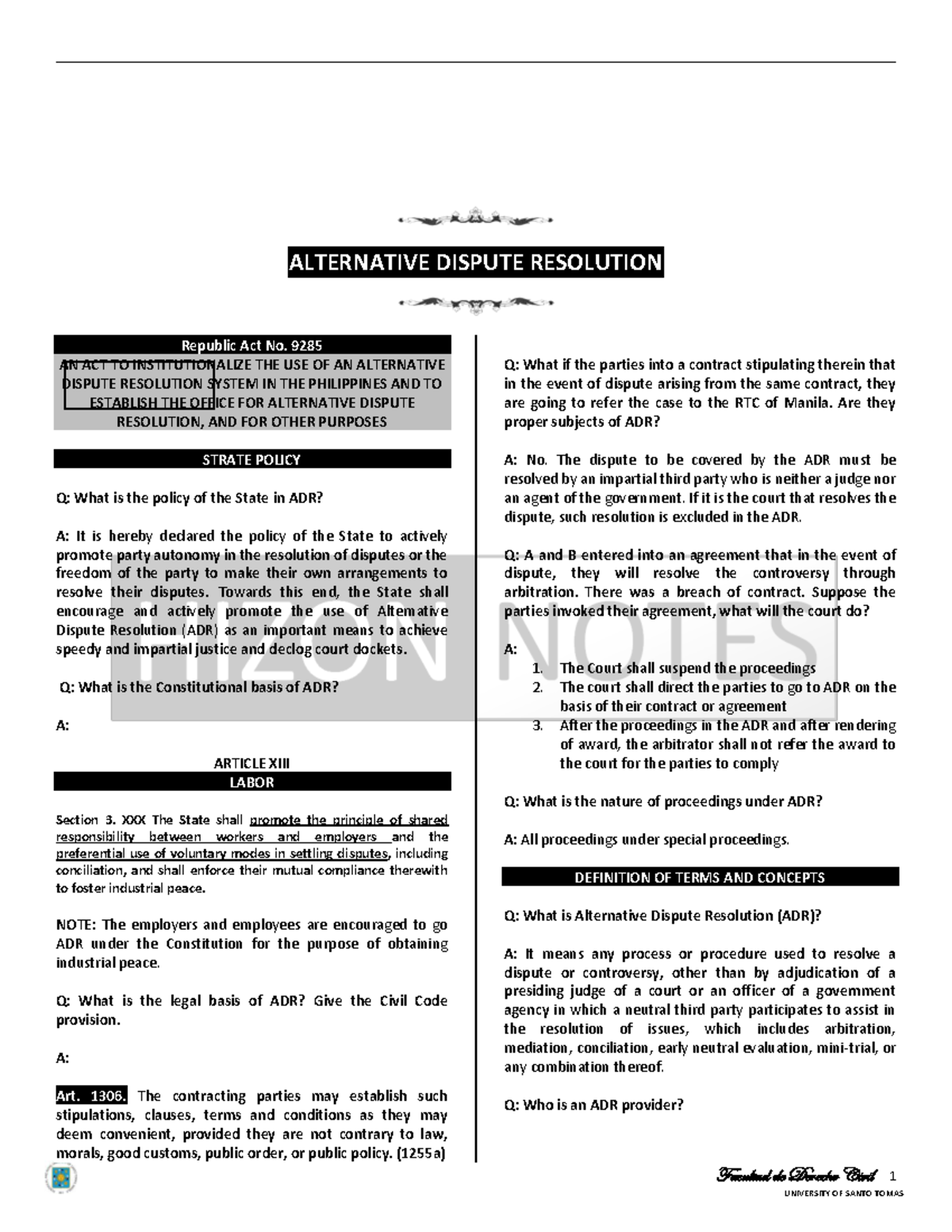 Alternative Dispute Resolution Notes - Facultad de Derecho Civil 1 ...