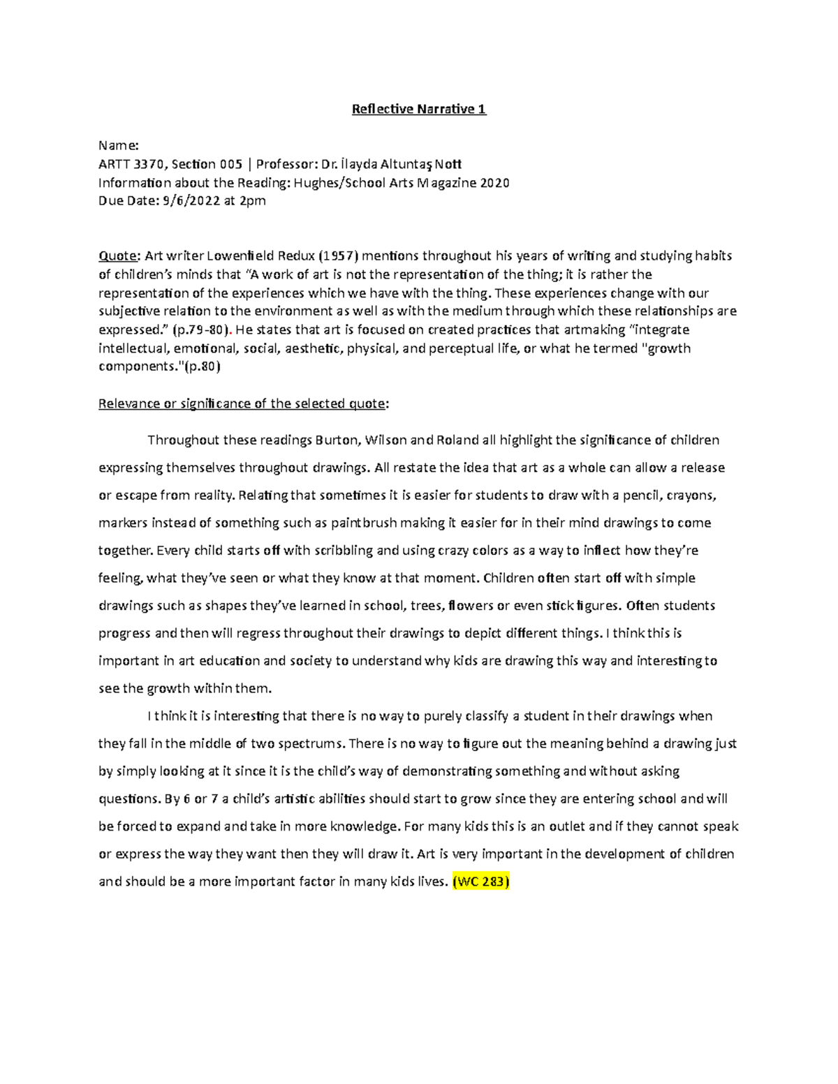 RN1 - narrative - Reflective Narrative 1 Name: ARTT 3370, Section 005 ...