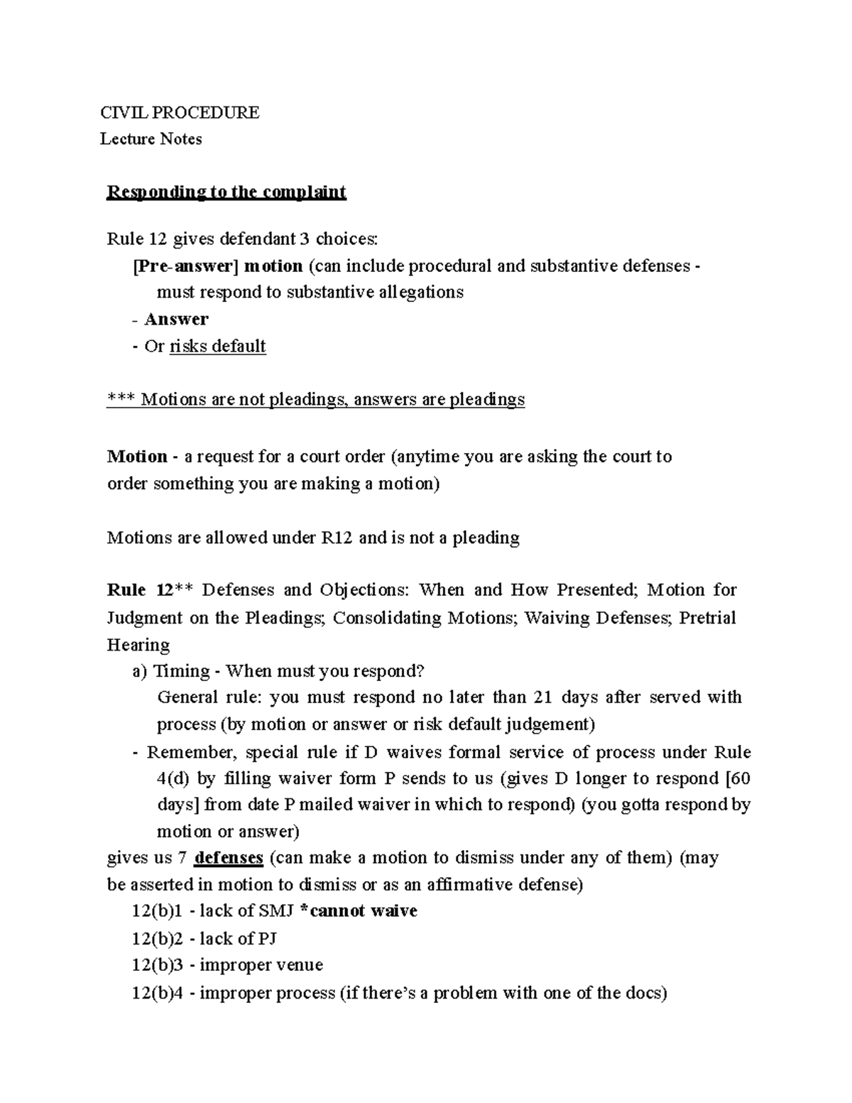 Responding to the complaint RULE 12 - CIVIL PROCEDURE Lecture Notes ...