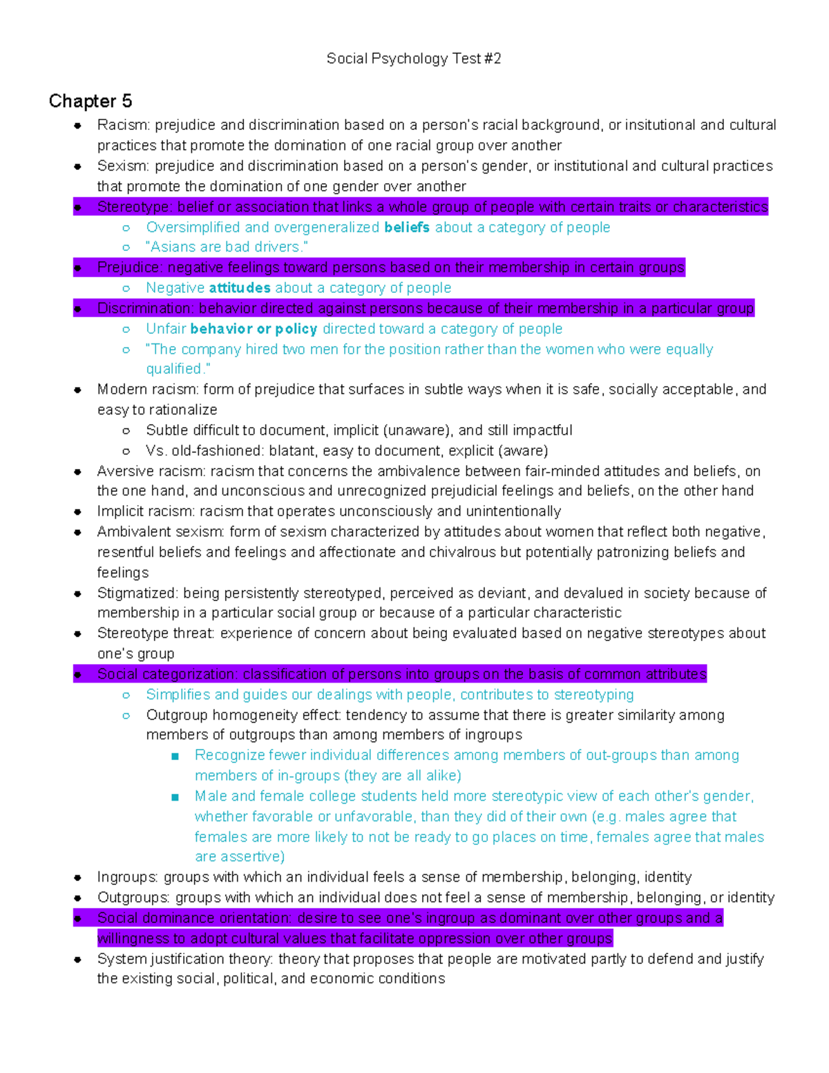 Social Psychology Test #4 - ” Prejudice: negative feelings toward ...