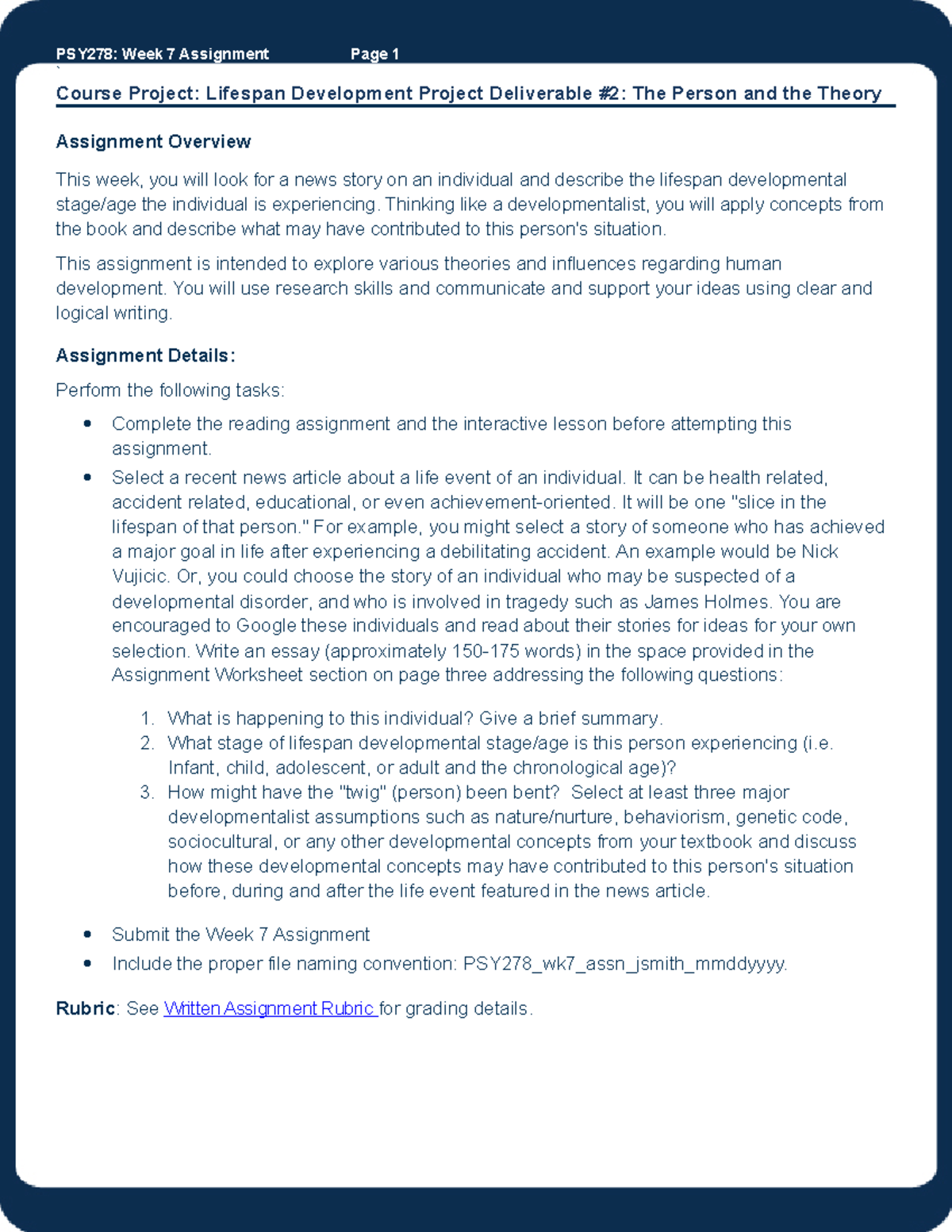 PSY278 wk7 assn 08 - Week 7 Assignment - ` Course Project: Lifespan ...