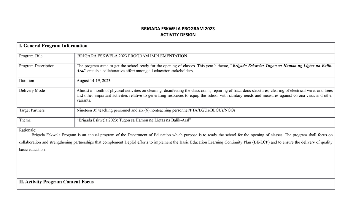 Activity Design for Brigada Eskwela 2022 copy - BRIGADA ESKWELA PROGRAM ...