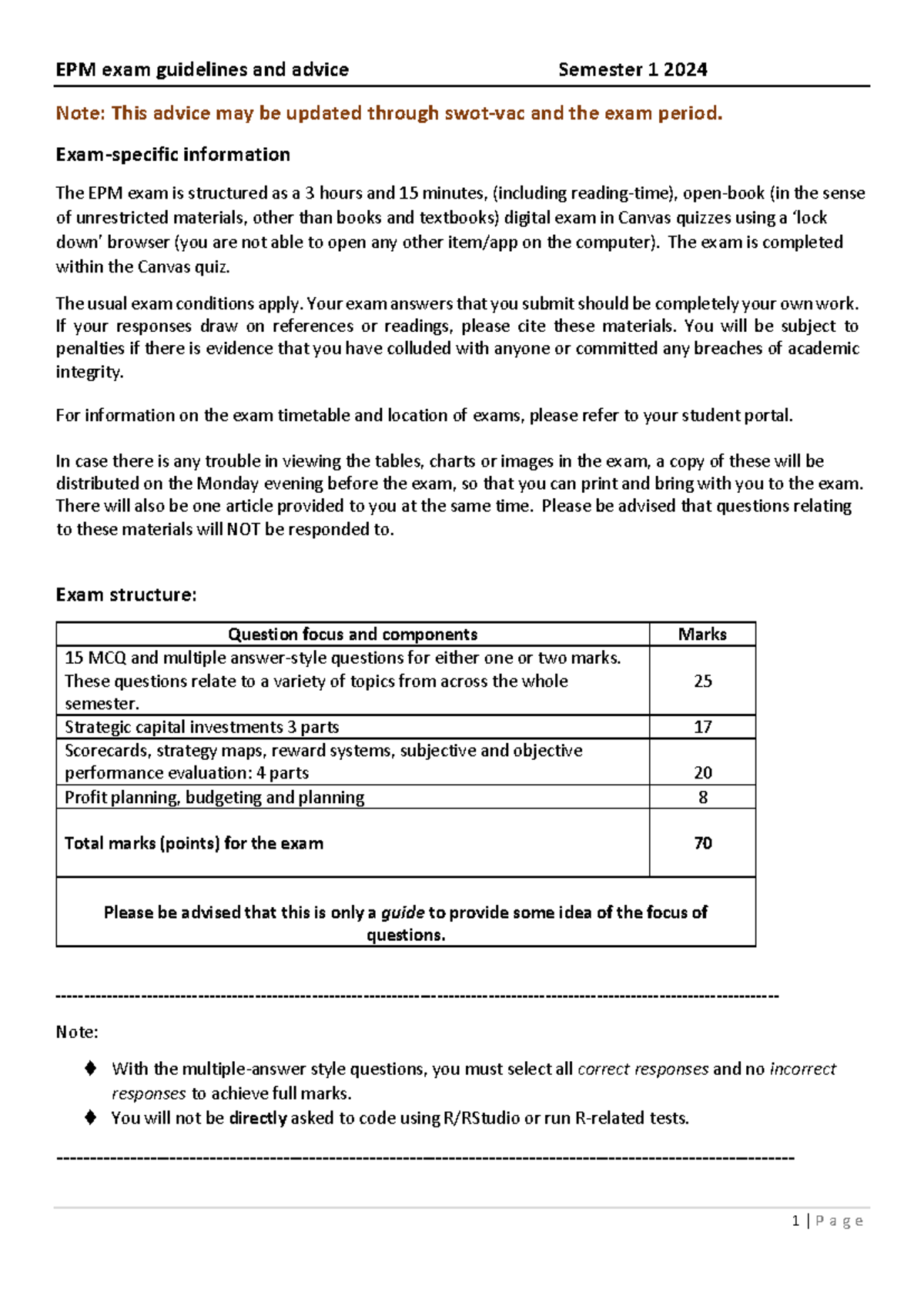 EPM guidelines 2023 - 1 | P a g e EPM exam guidelines and advice Semester 1 2024 Note: This ...