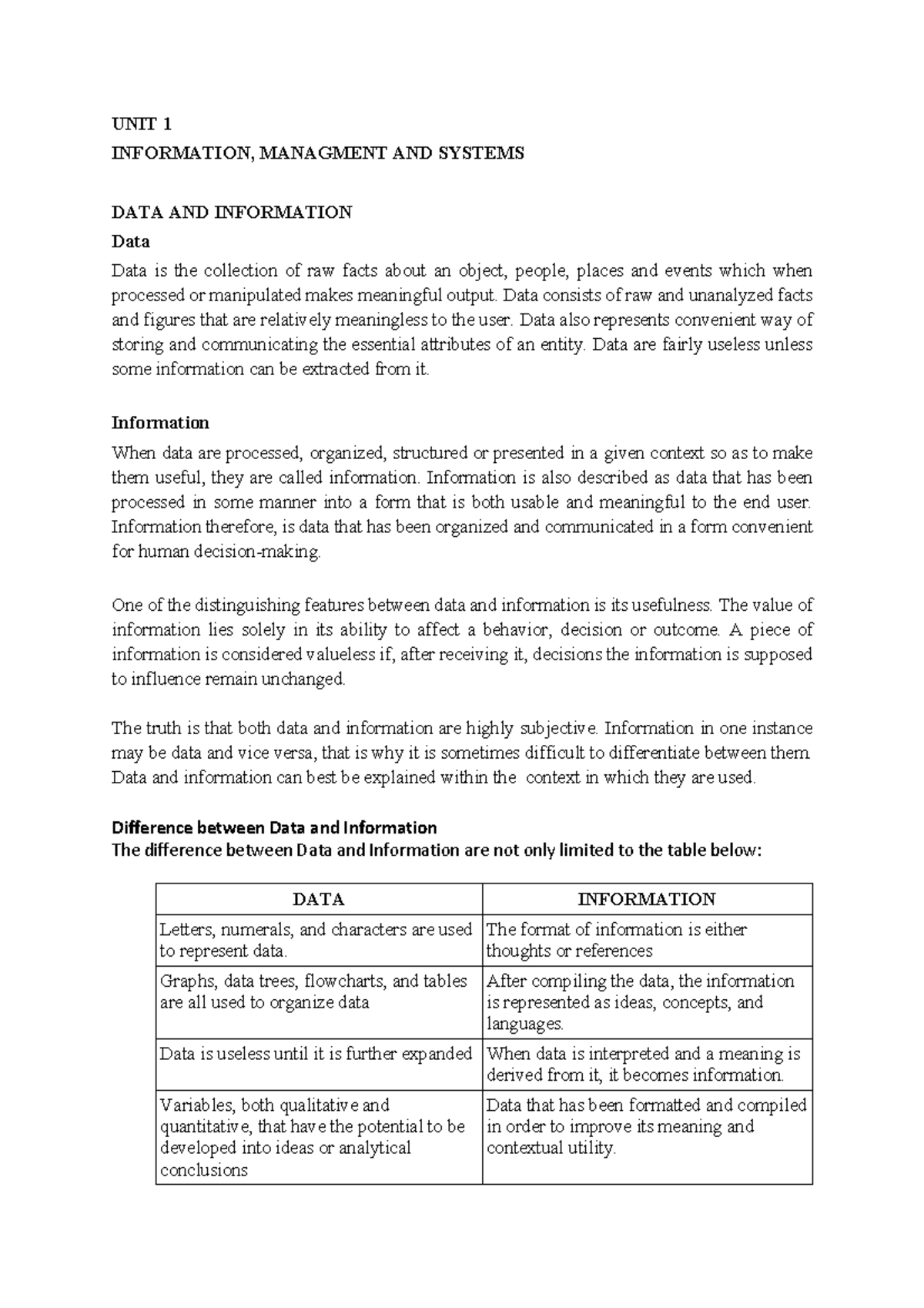 Information systems - UNIT 1 INFORMATION, MANAGMENT AND SYSTEMS DATA ...